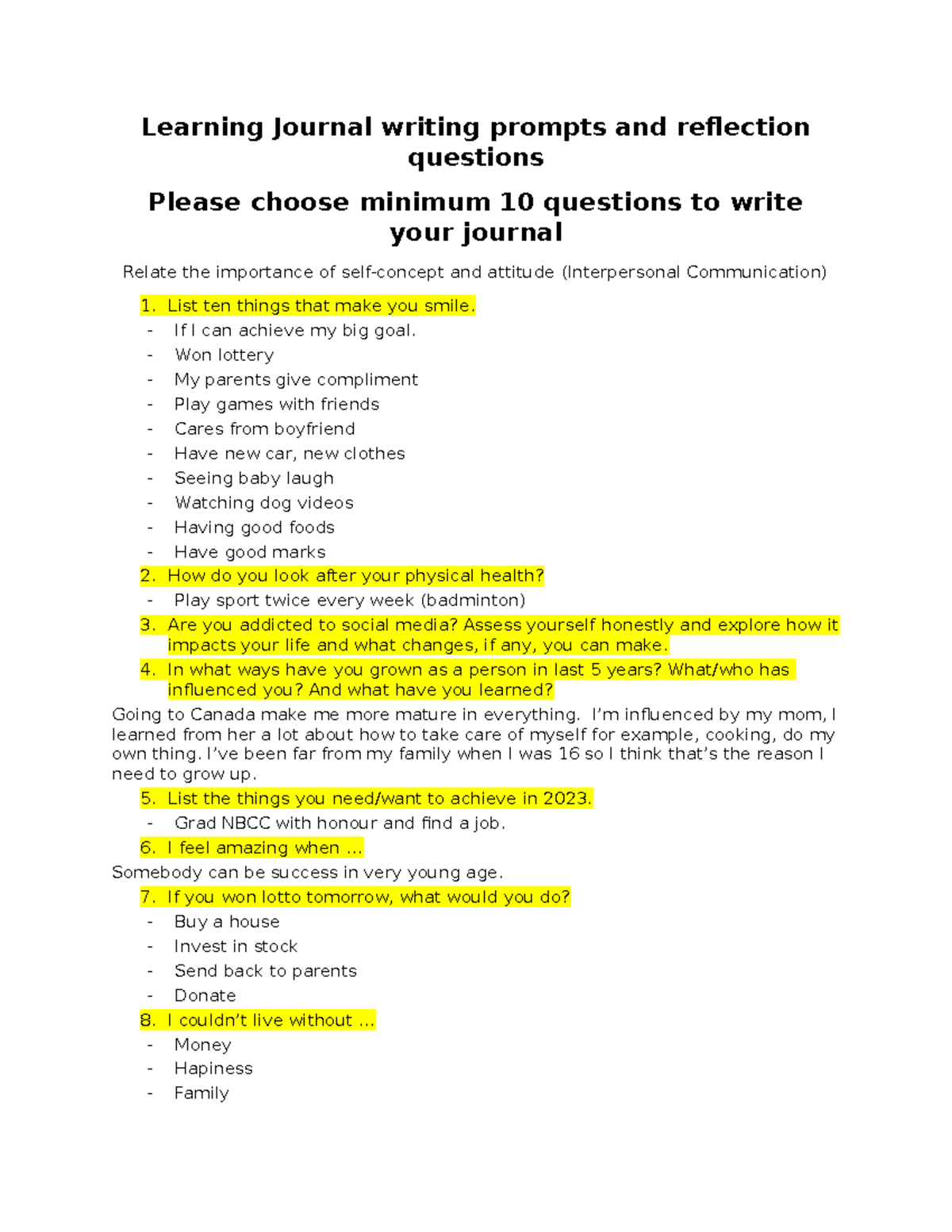 Learning Journal writing prompts and reflection - Learning Journal ...