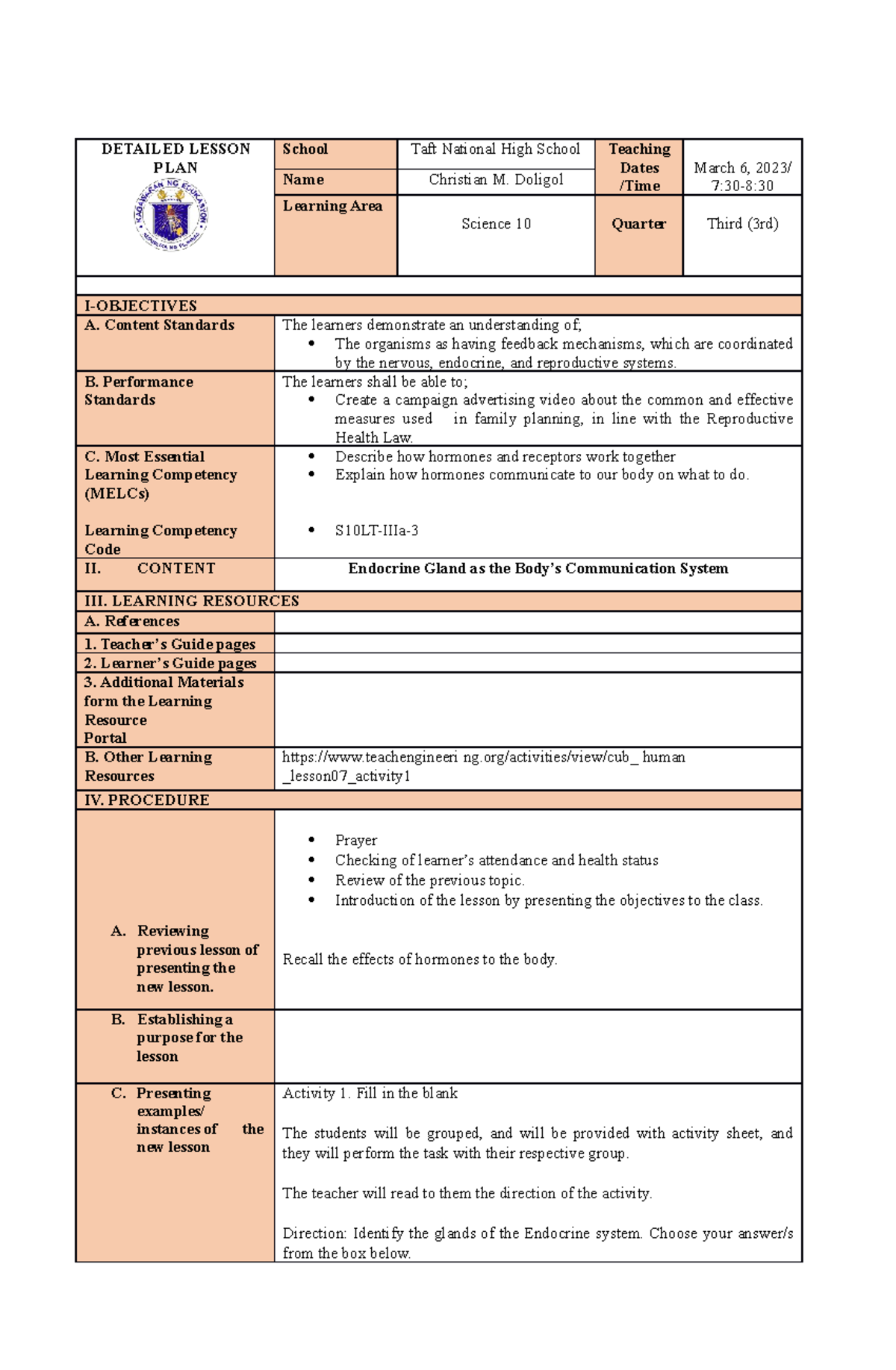 S10LT-IIIa-33 - Daily Lesson Plan (Grade 10 3rd Quarter) - DETAILED ...
