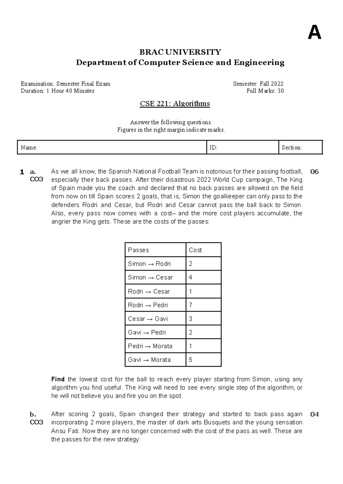 CSE221 Final Exam Fall 2022 Semester - A BRAC UNIVERSITY Department of Computer Science and ...