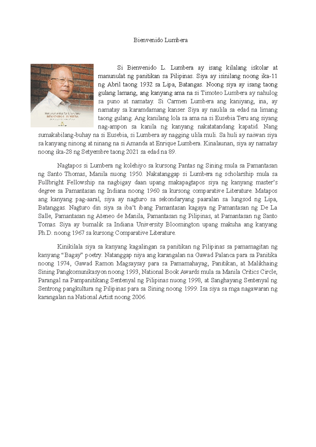 AKAD - Bienvenido Lumbera Si Bienvenido L. Lumbera ay isang kilalang ...