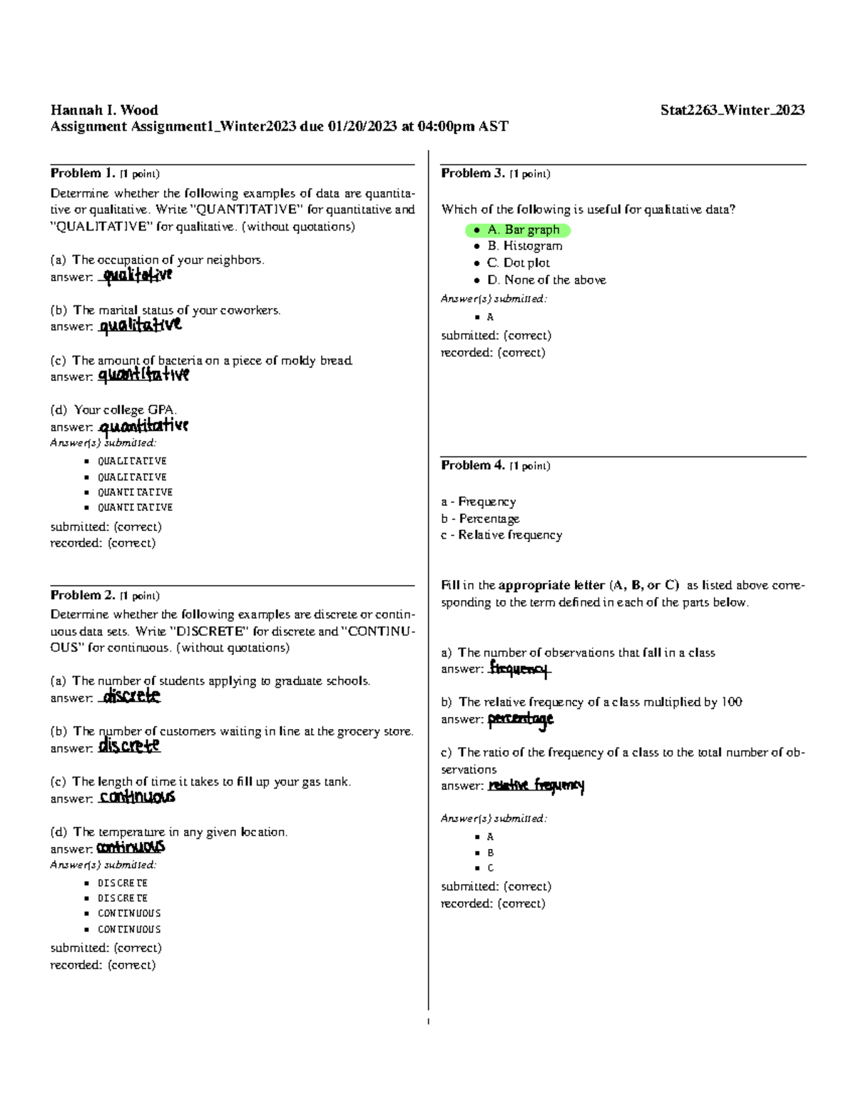 Stats Assignment 1 - Hannah I. Wood Stat2263 Winter 2023 Assignment Assignment1 Winter2023 due ...