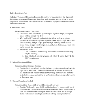 Task 1 talent acquisition - A. Workforce Planning Summary As the new HR ...