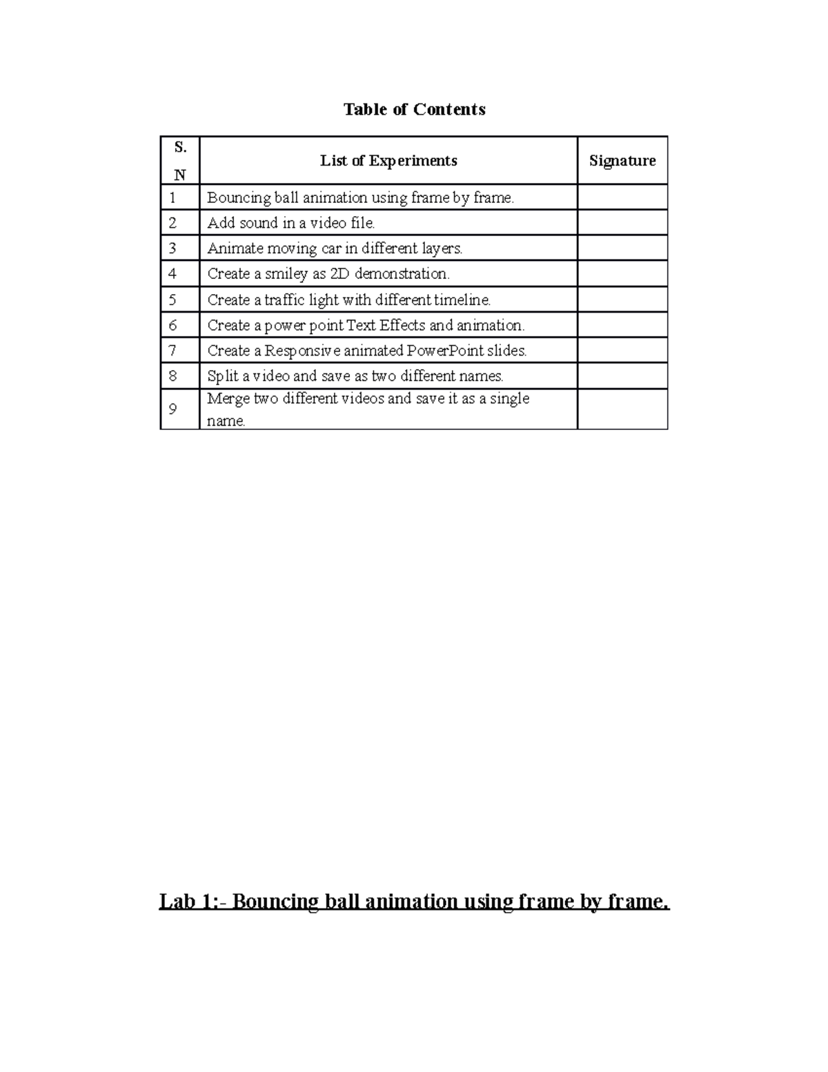 Multimedia lab - Table of Contents S. N List of Experiments Signature 1 ...