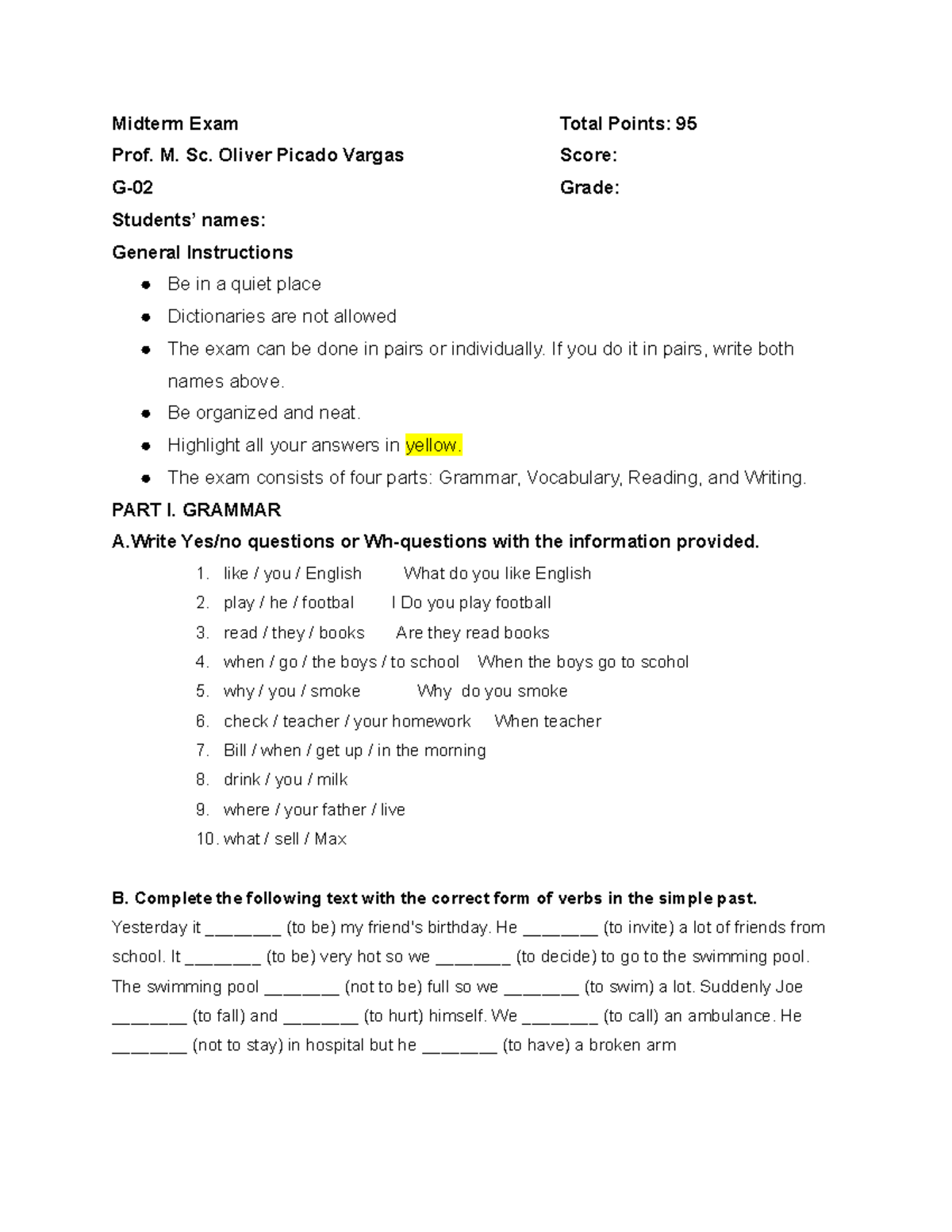 Midterm Exam - Level 2 - examen ingles - Midterm Exam Total Points: 95 ...