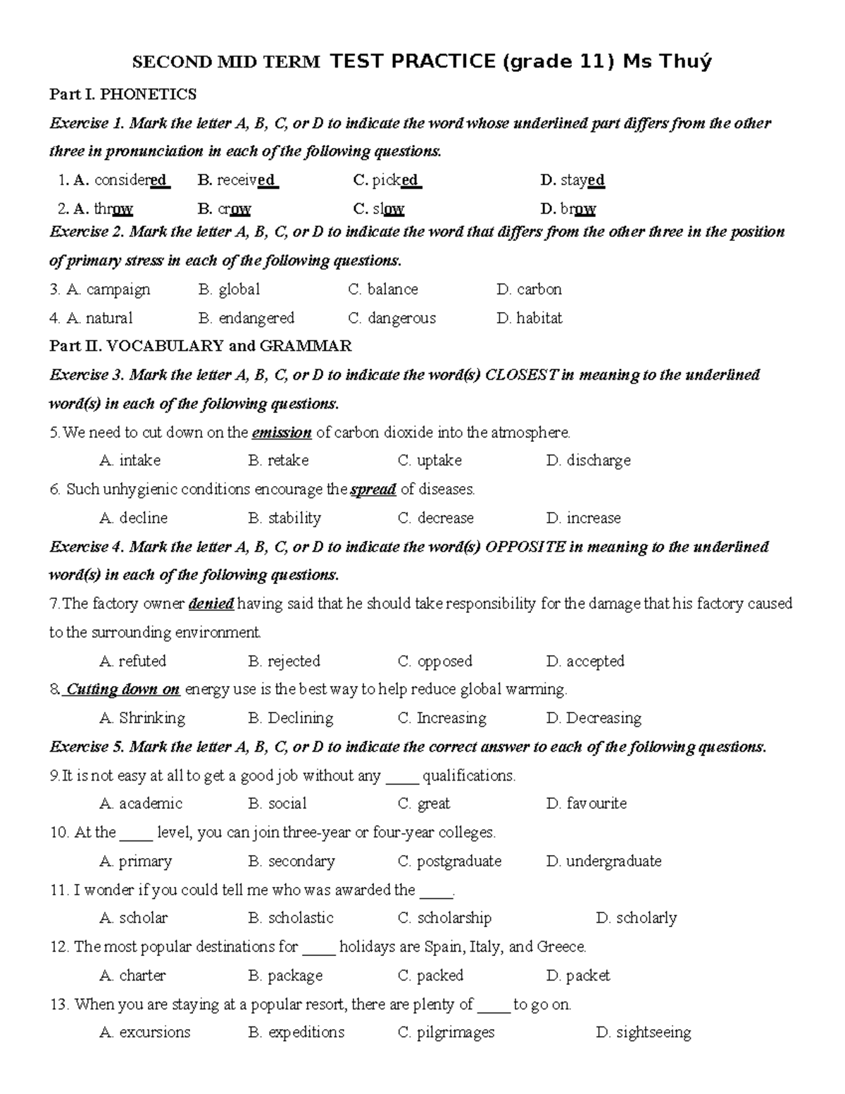 K11- GK2 MS THUÝ - cucixhihckch - SECOND MID TERM TEST PRACTICE (grade ...
