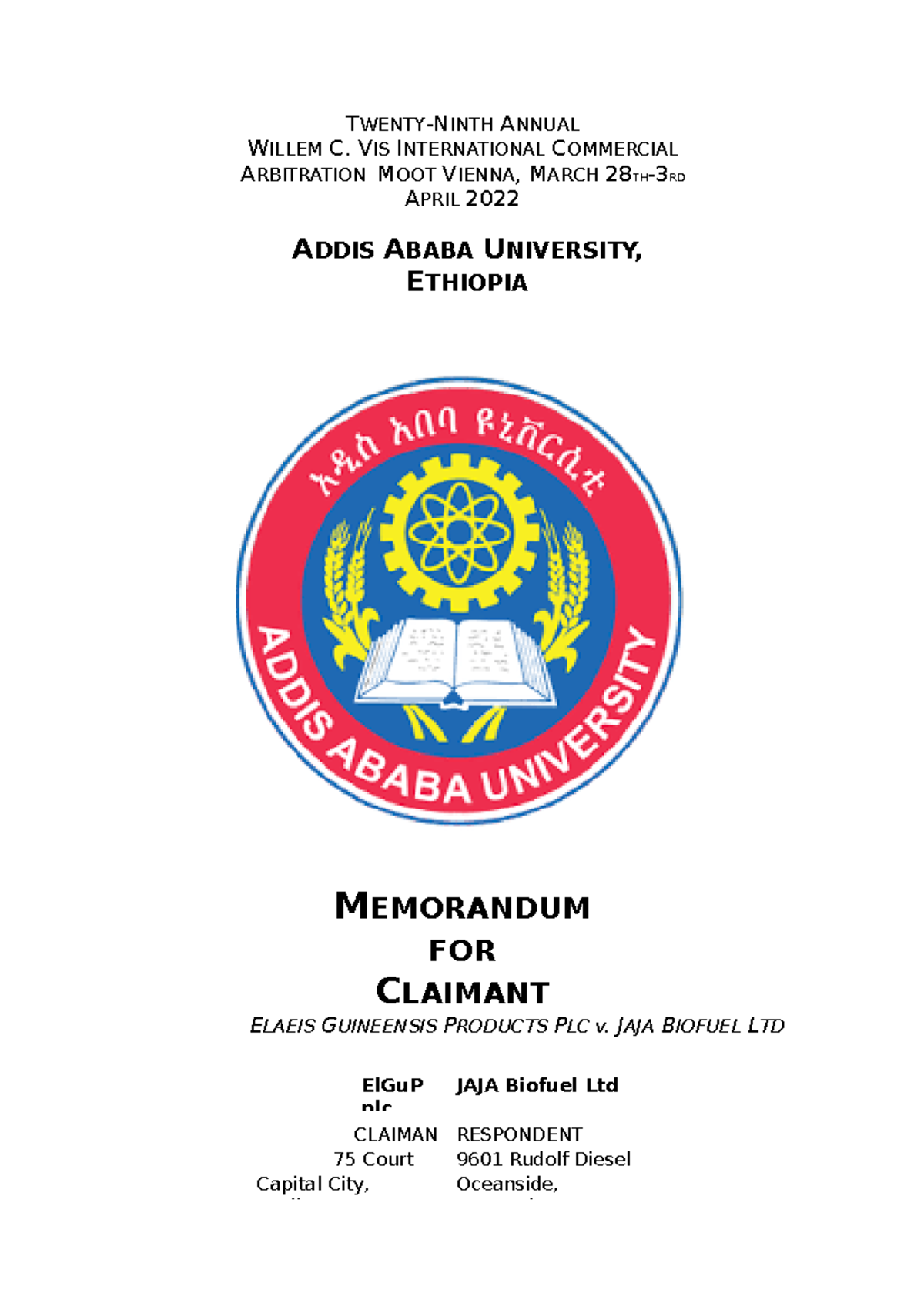 Memo Addis Ababa - Vis moot - TWENTY-NINTH ANNUAL WILLEM C. VIS ...