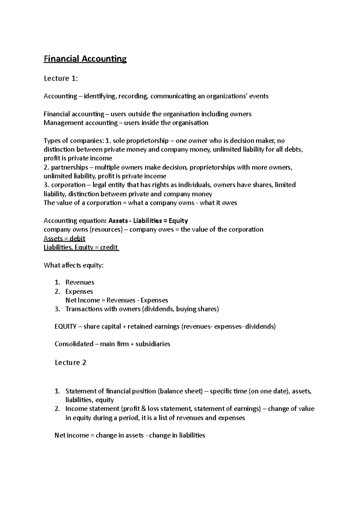 Lecture notes financial accounting 1 - Financial Accounting Lecture 1 ...