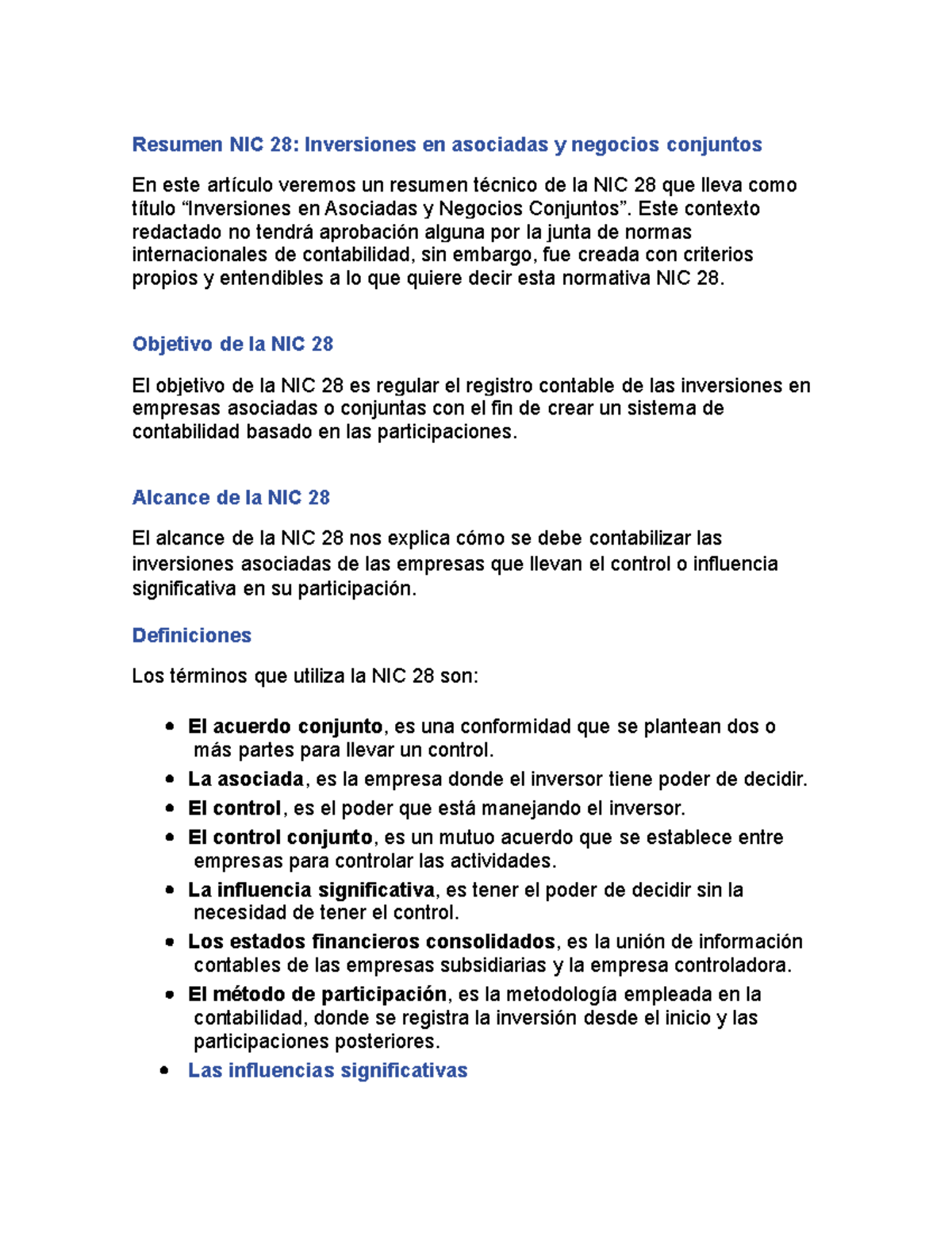 Resumen NIC 28 - Resumen NIC 28: Inversiones en asociadas y negocios ...