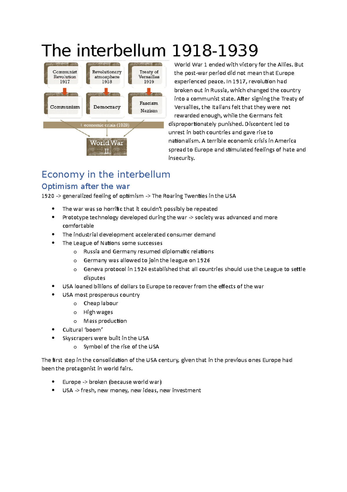 The interbellum 1918 - The interbellum 1918- World War 1 ended with ...