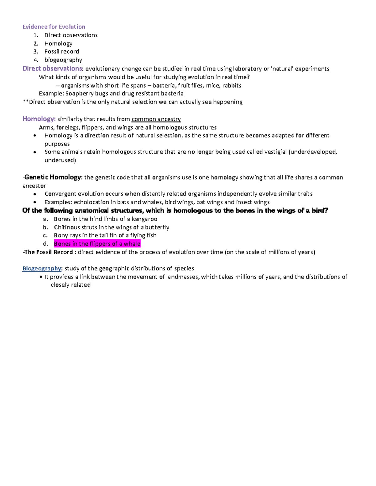 Lecture 3 notes - Evidence for Evolution 1. Direct observations 2 ...