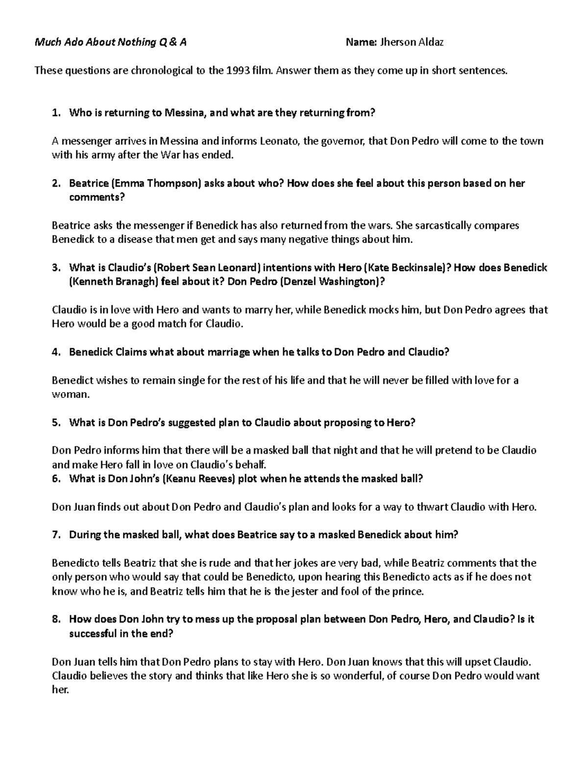 Much Ado about Nothing Questionnaire Homework - Much Ado About Nothing ...