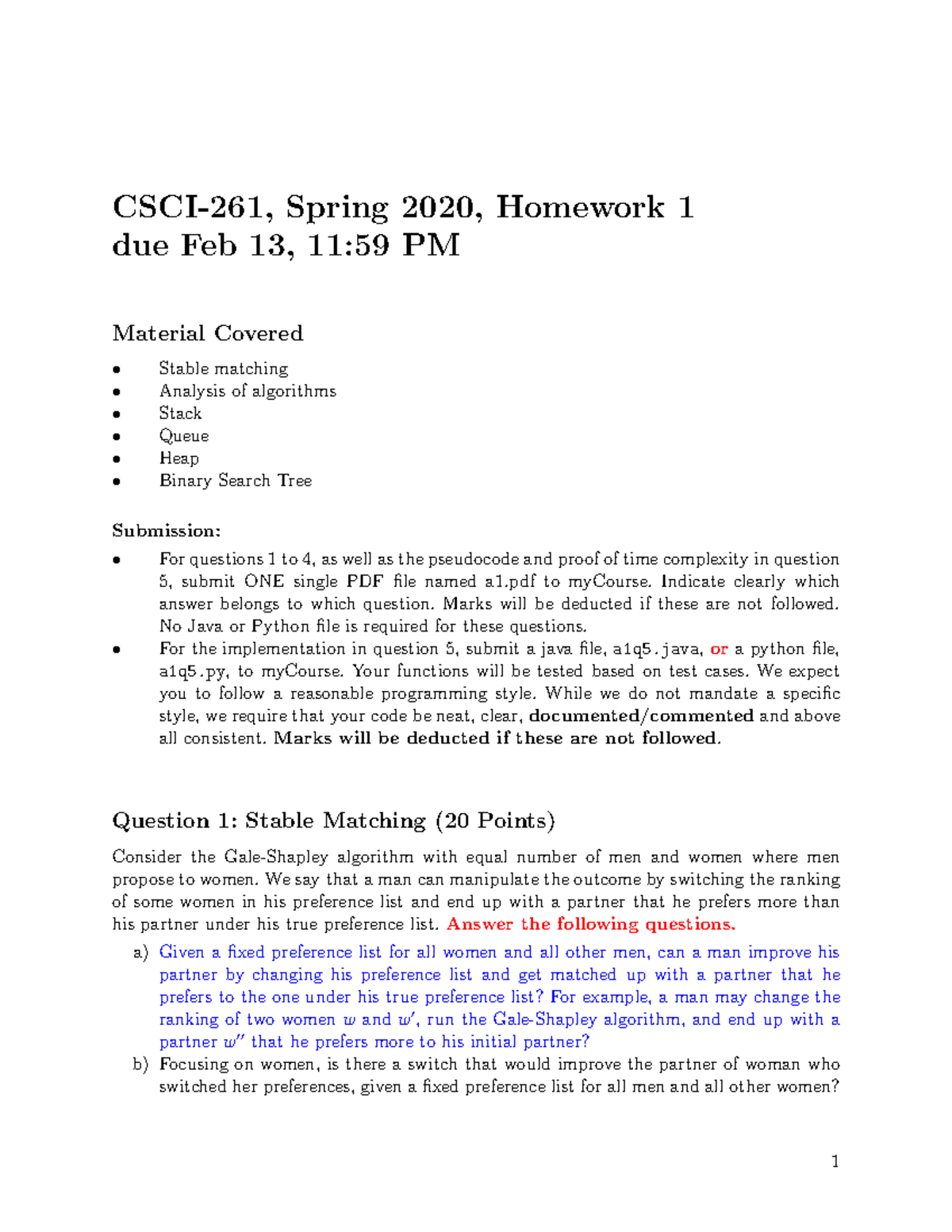 Homework 1 - HW 1 - CSCI-261, Spring 2020, Homework 1 due Feb 13, 11:59 PM Material Covered ...