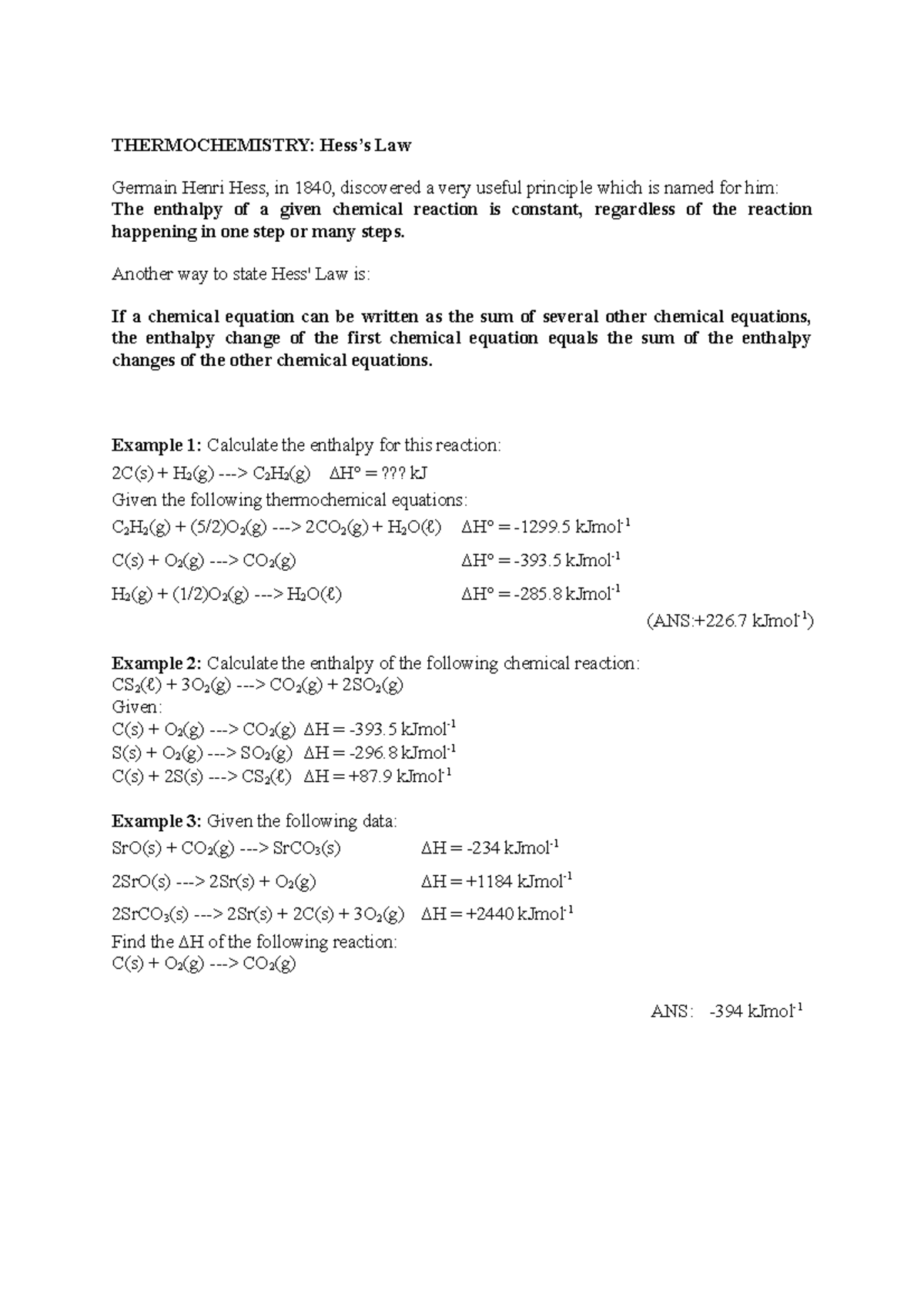 Thermochemistry exercise- Hess Law - THERMOCHEMISTRY: Hess’s Law ...