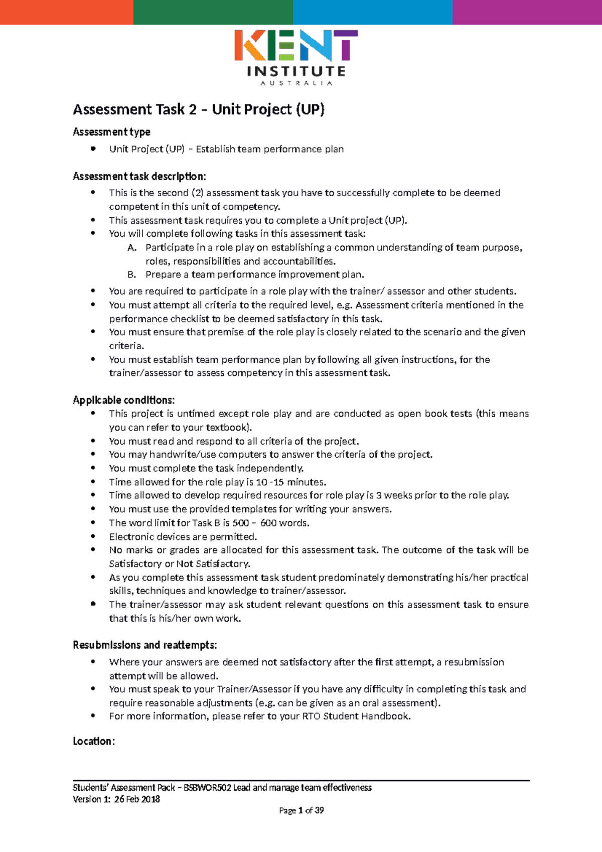 Assessment Task 2 thu - Assessment Task 2 – Unit Project (UP) Assessment type Unit Project (UP ...