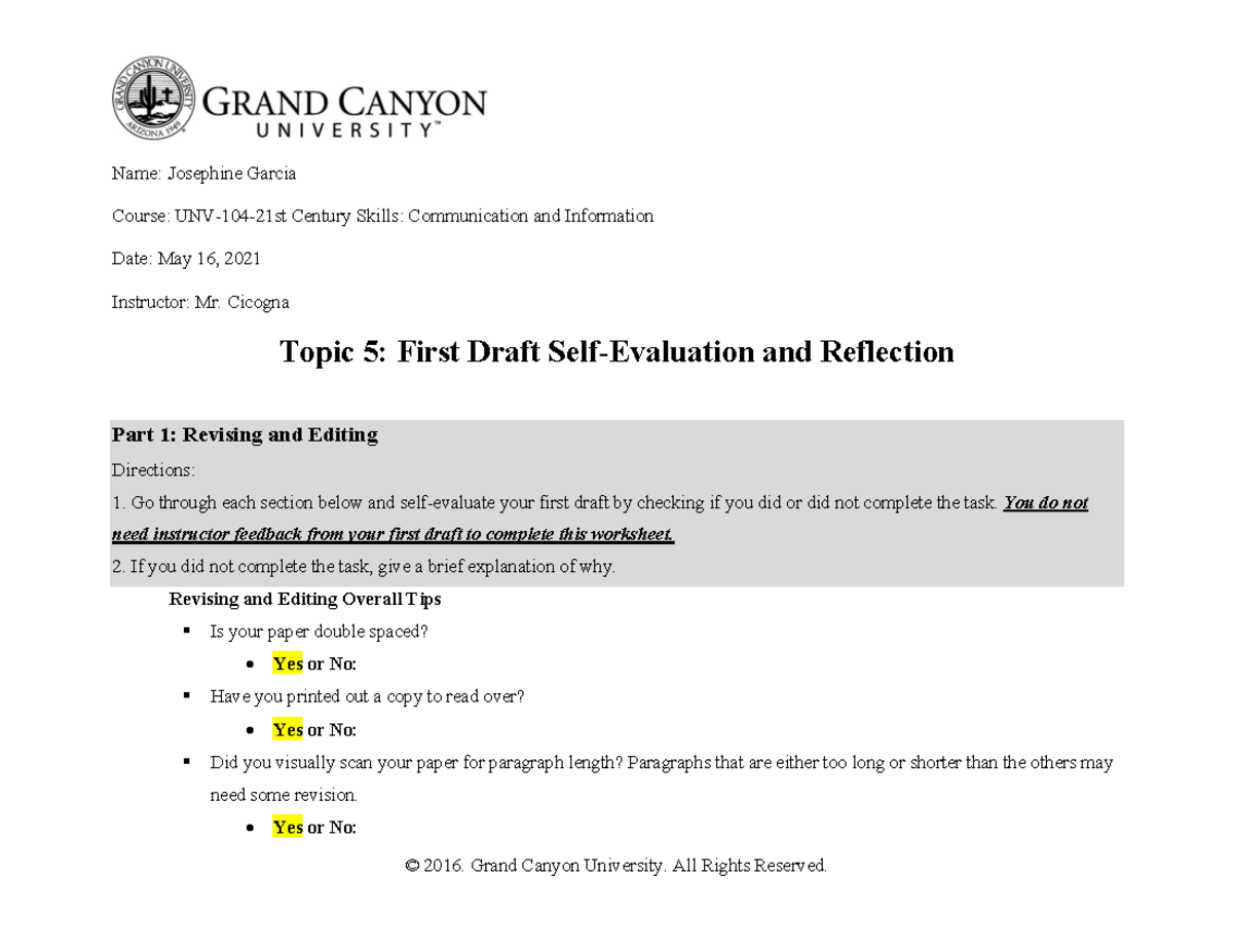 UNV-104-RS-Topic 5 First Draft Self-Evaluationand Reflection - Name ...