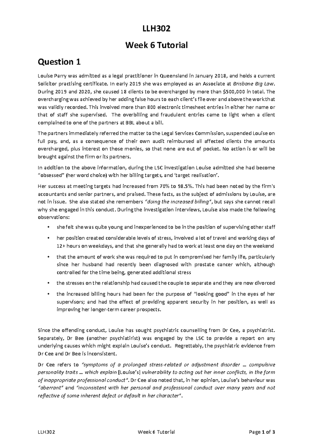 2024 LLH302 Week 6 tutorial - LLH302 Week 6 Tutorial Page 1 of 3 LLH Week 6 Tutorial Question 1 ...