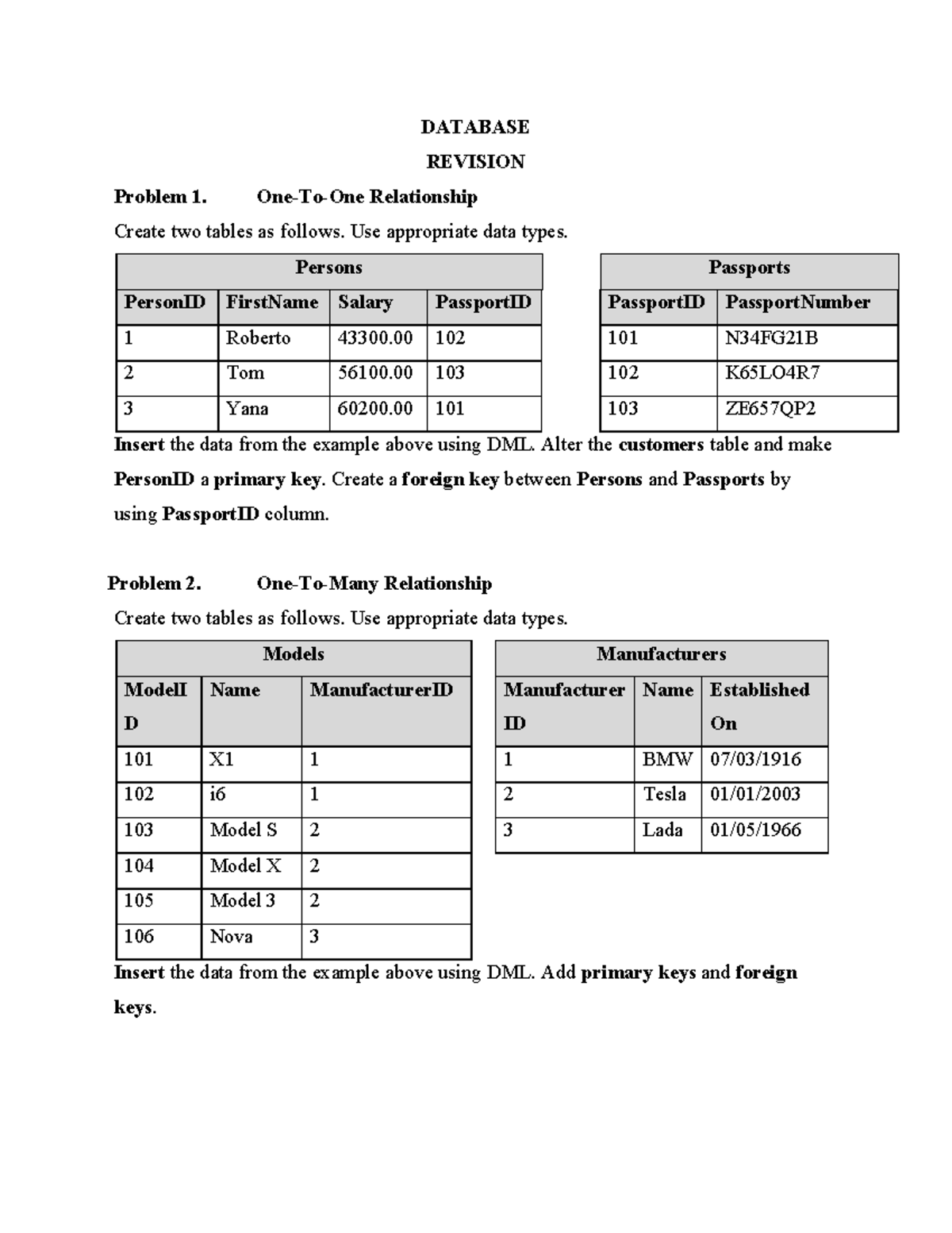 DB Revision 01 - fefef - DATABASE REVISION Problem 1. One-To-One ...