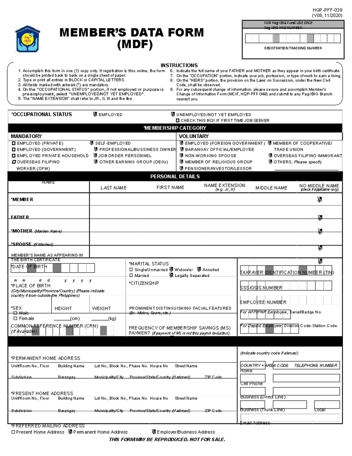 Soda PDF-converted-PFF039 Members Data Form V08 - HQP-PFF- (V08, 11/2020) FOR Pag-IBIG Fund USE ...