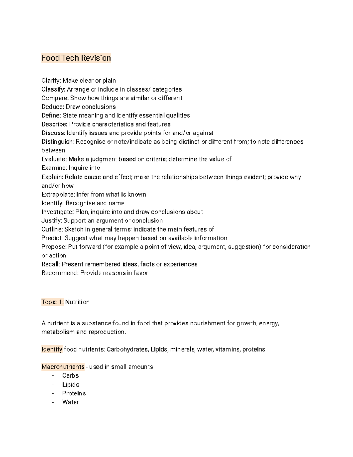 Food Tech Revision YR 11 - Food Tech Revision Clarify: Make clear or ...
