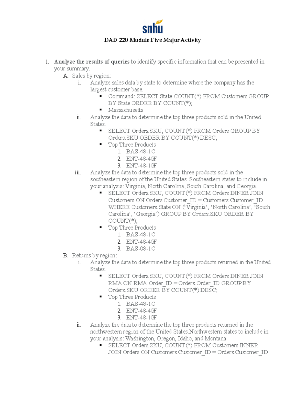 Module 5 Major - DAD 220 Module Five Major Activity Analyze the results of queries to identify ...