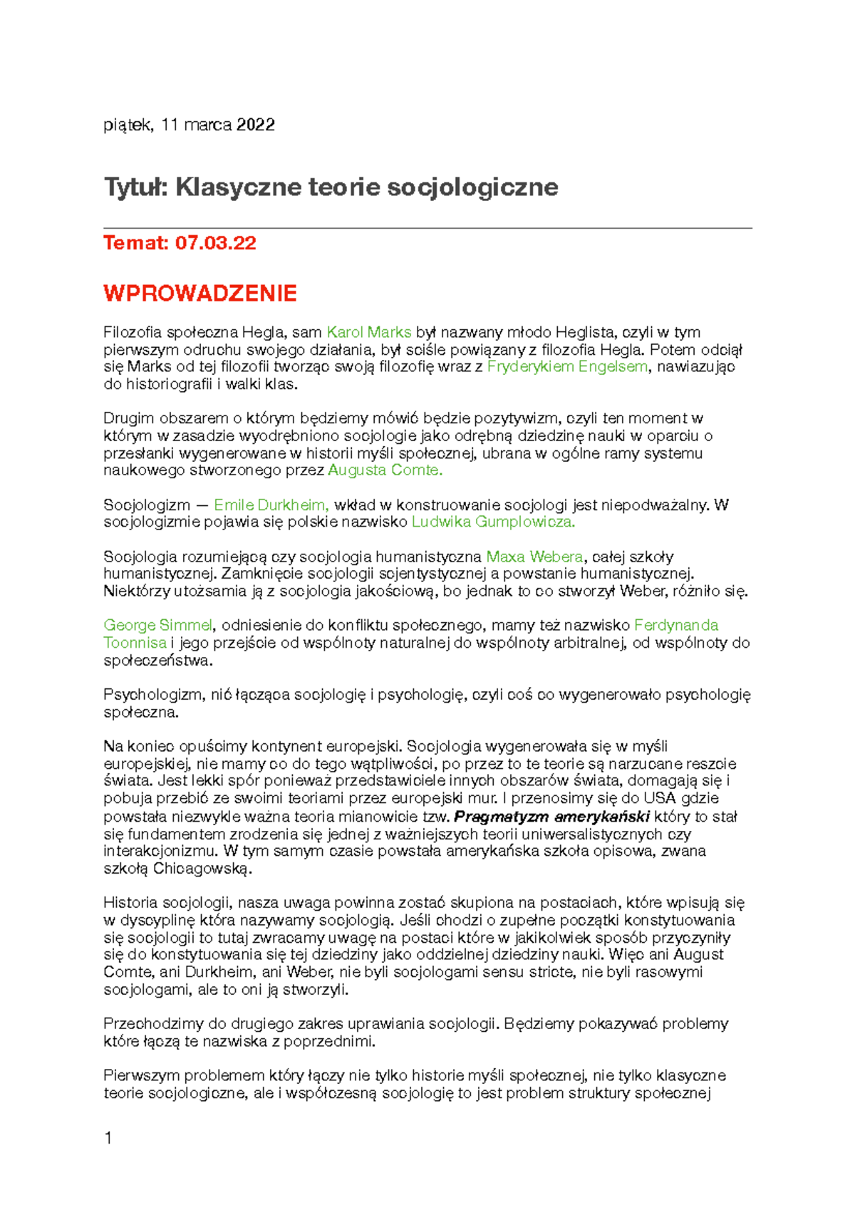Klasyczne teorie socjologiczne - piątek, 11 marca 2022 Tytuł: Klasyczne teorie socjologiczne ...