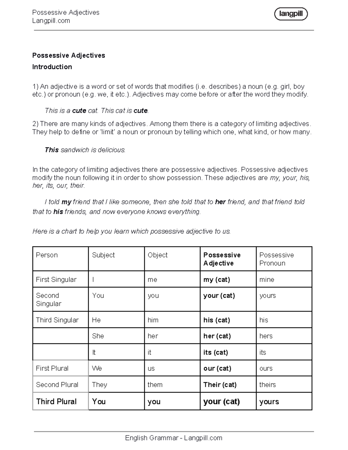 1.1 21. [Textbook] Possessive adjectives - Langpill Possessive ...