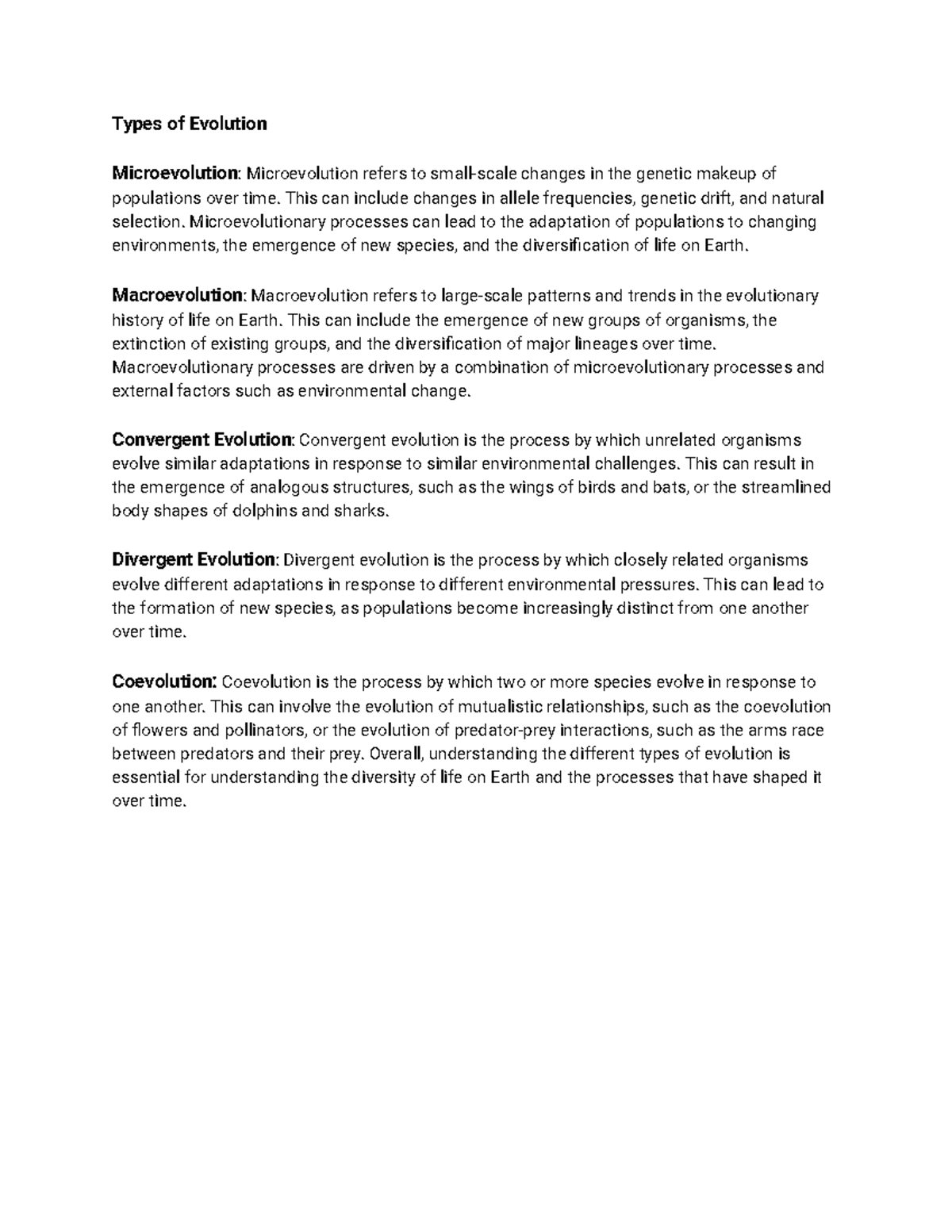 Types of evolution - Types of Evolution Microevolution: Microevolution ...