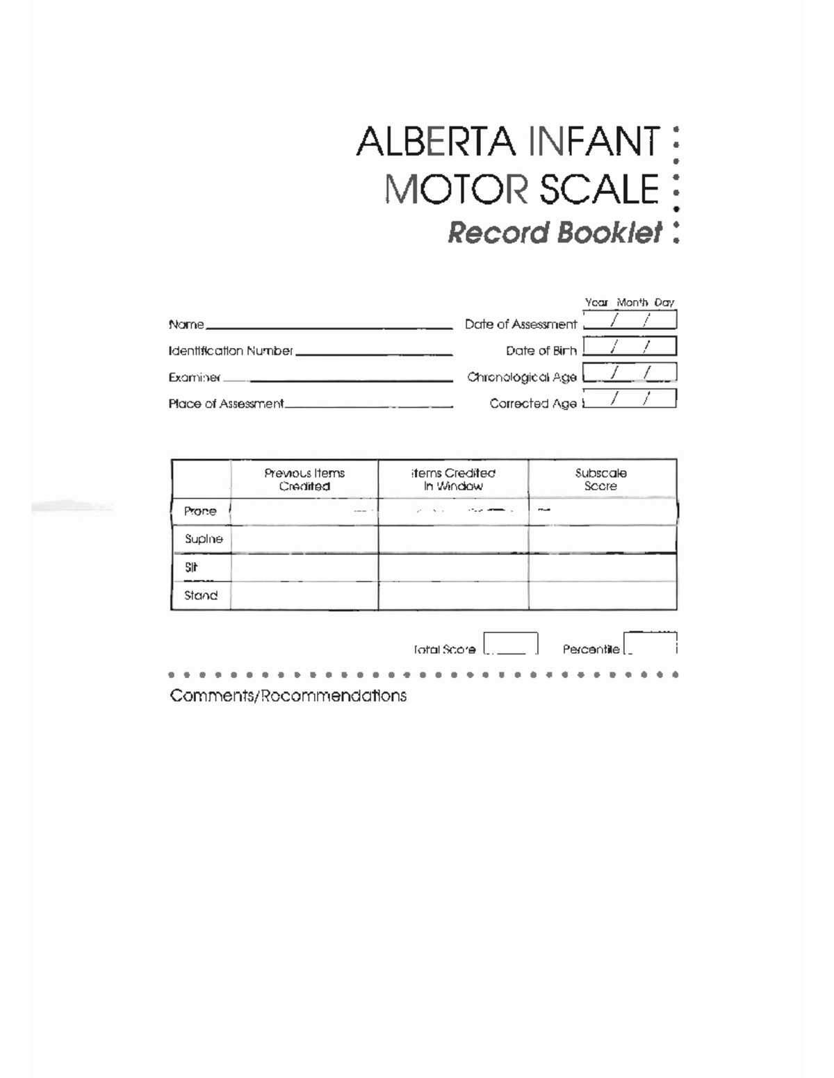 Alberta infant motor scale records - ALBERTA INFANT: • MOTOR SCALE ...