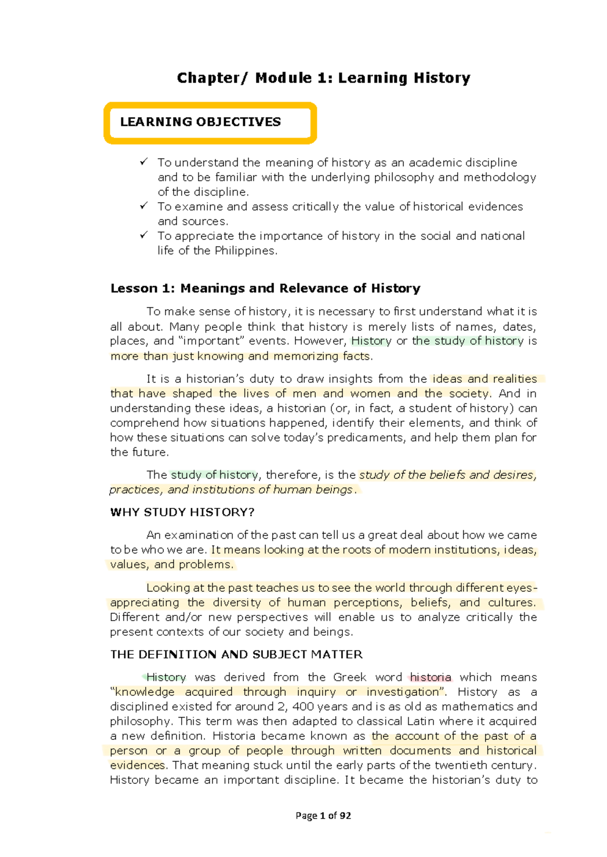 Ilide - notes - Chapter/ Module 1: Learning History Lesson 1: Meanings ...