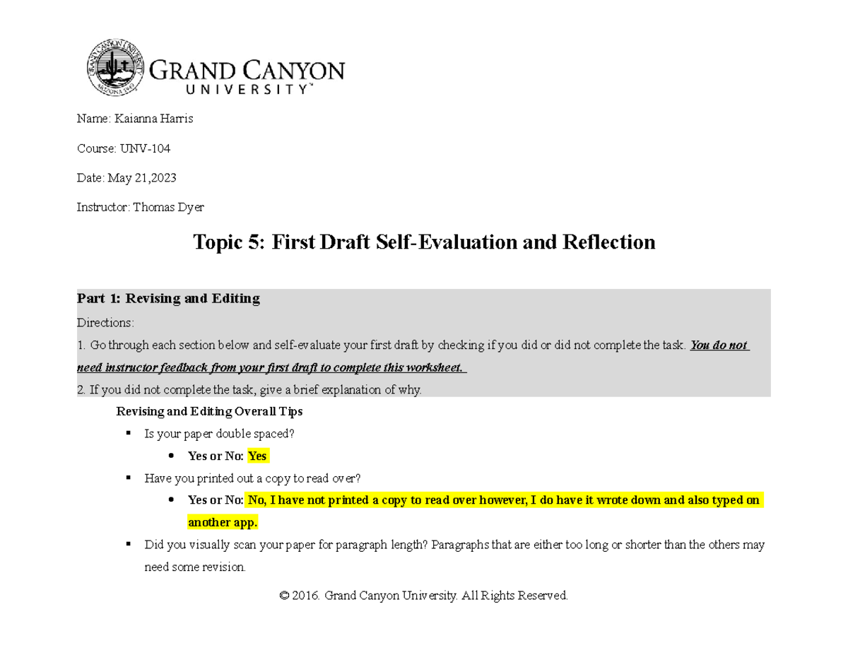 UNV-104-RS-T5-First Draft Self-Evaluationand Reflection - UNV 104 - GCU ...