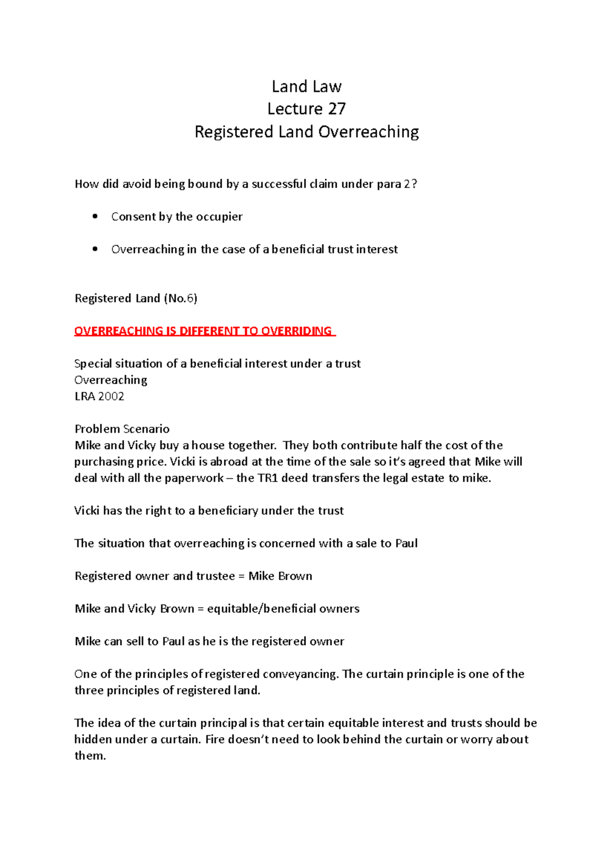 Land Law l27 - Land Law Lecture 27 Registered Land Overreaching How did ...