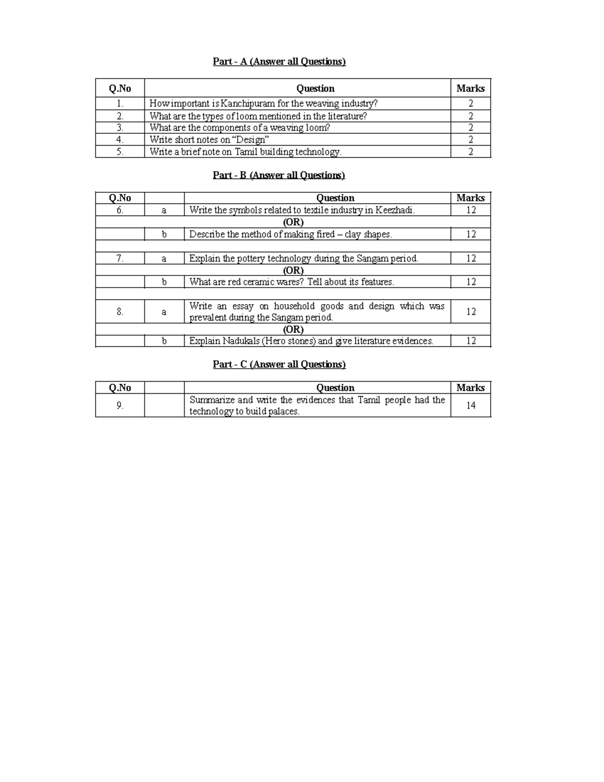 Tamil Technology I & II Unit QP - Part - A (Answer all Questions) Q Question Marks How important ...