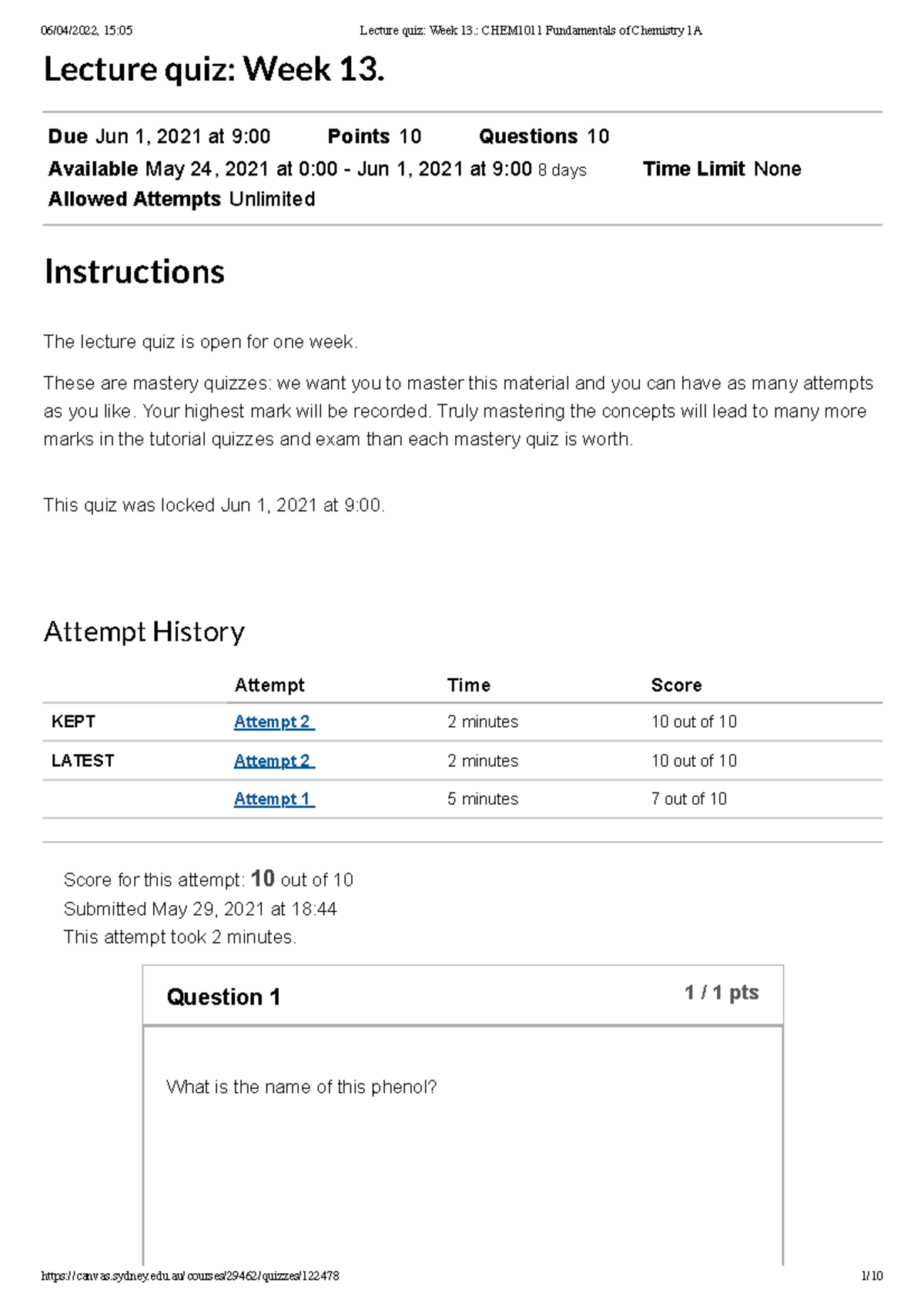 Lecture quiz Week 13. CHEM1011 Fundamentals of Chemistry 1A - Lecture ...