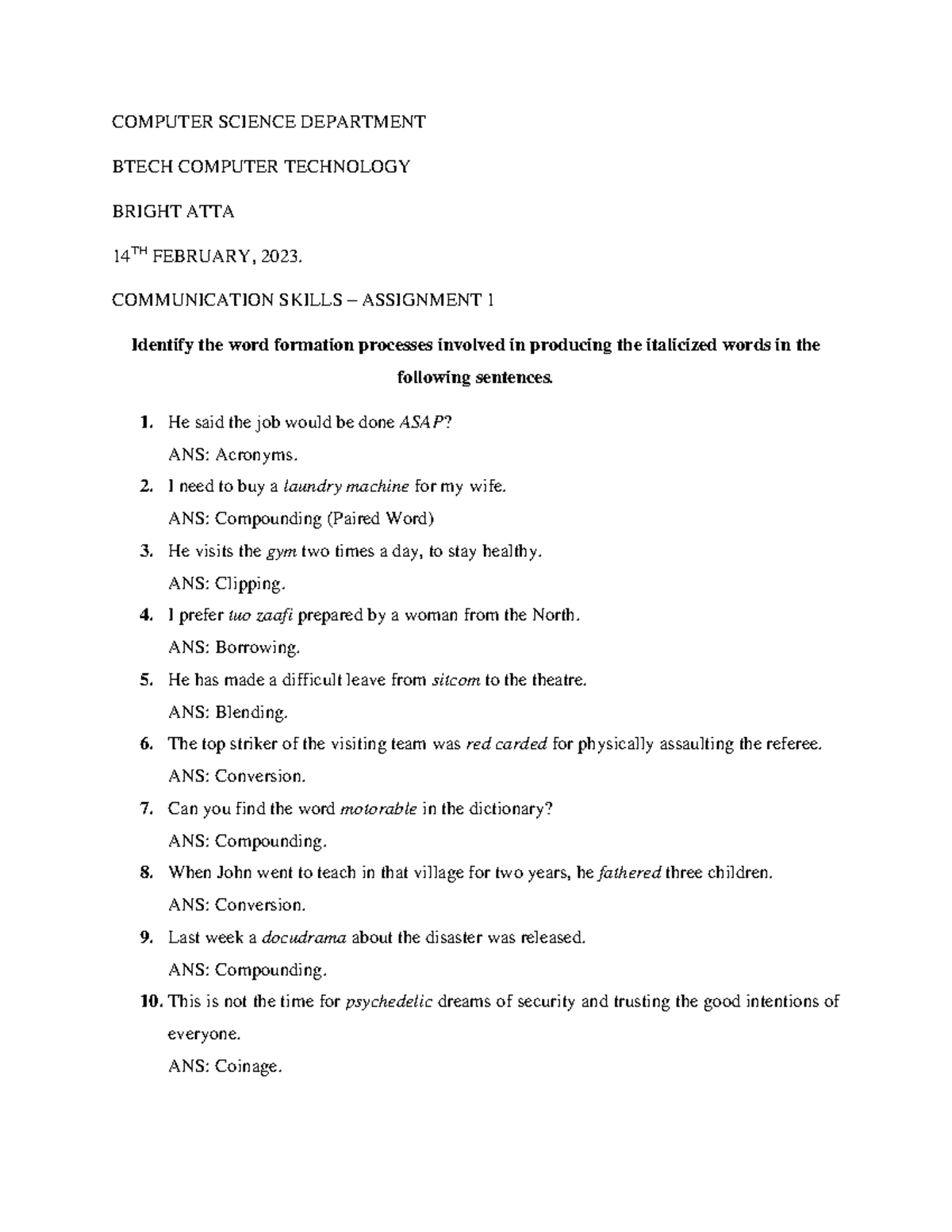 COMM Skills Assgnmtn - COMPUTER SCIENCE DEPARTMENT BTECH COMPUTER ...