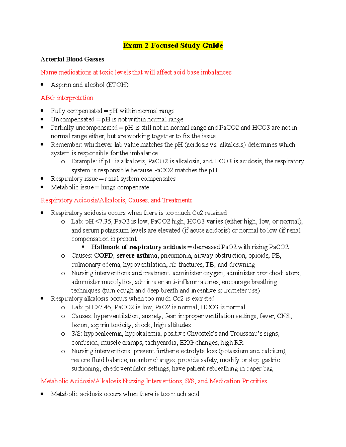 Exam 2 Focused Study Guide Arterial Blood Gasses - Studocu