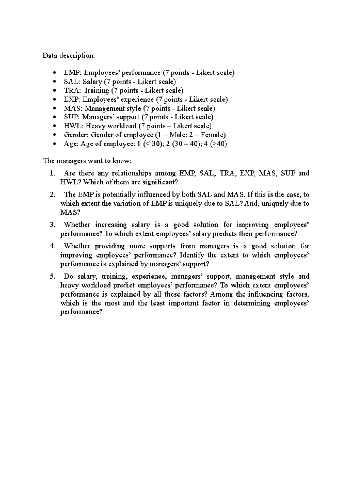 Performance - Description and questions - Data description: EMP ...