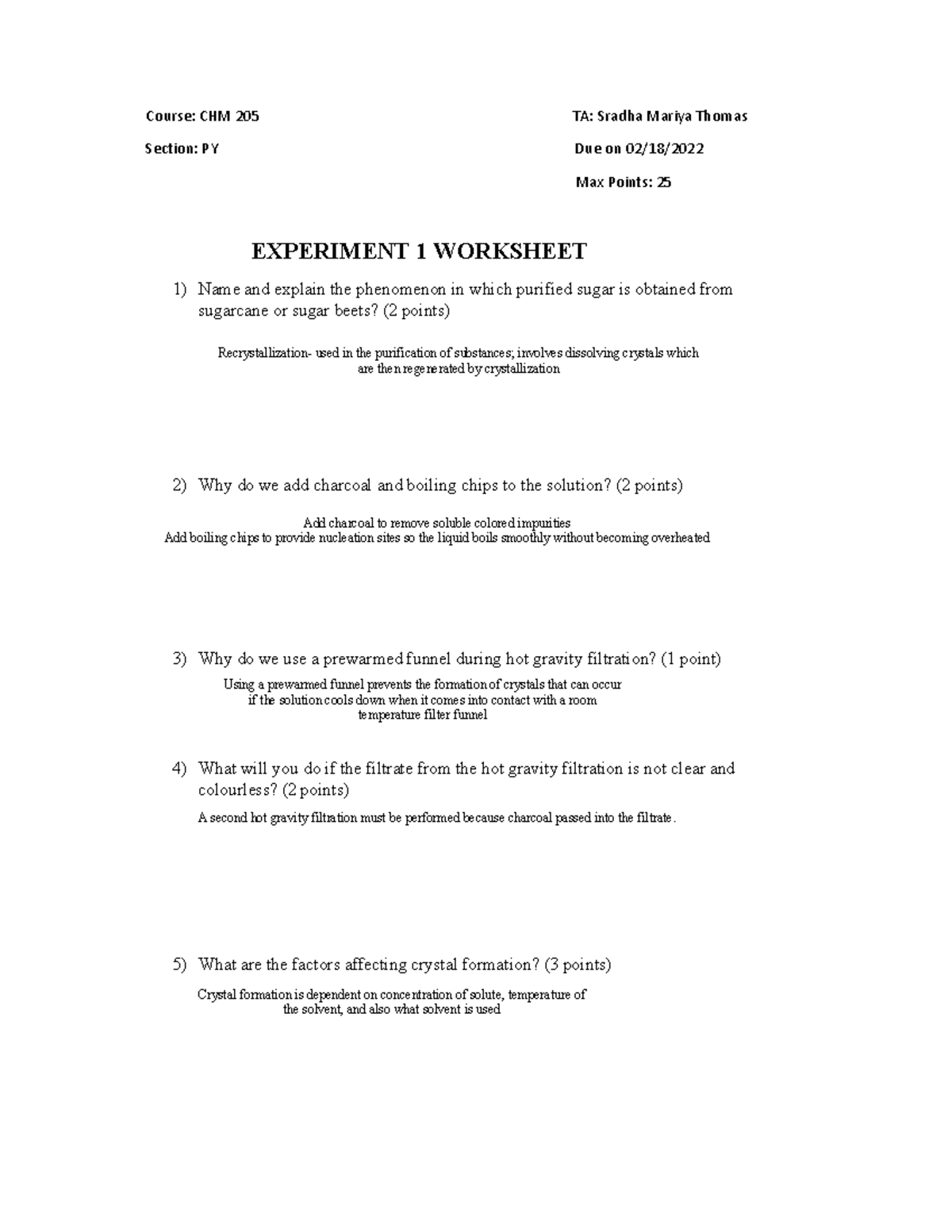 CHM 205 Experiment No 1- Worksheet 1 for 2022 - Course: CHM 205 TA ...