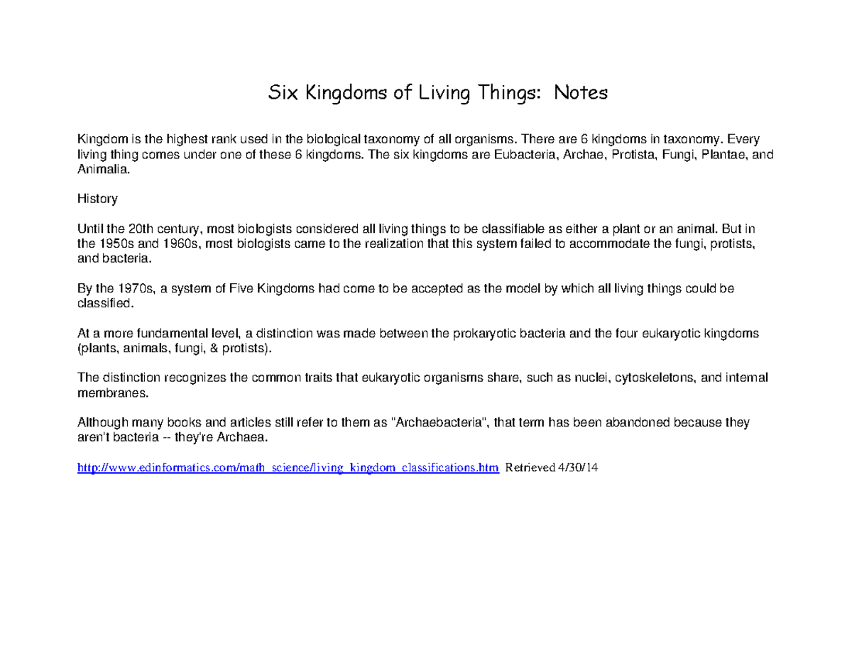 Six Kingdoms of Living Things Answers 1 - Six Kingdoms of Living Things ...