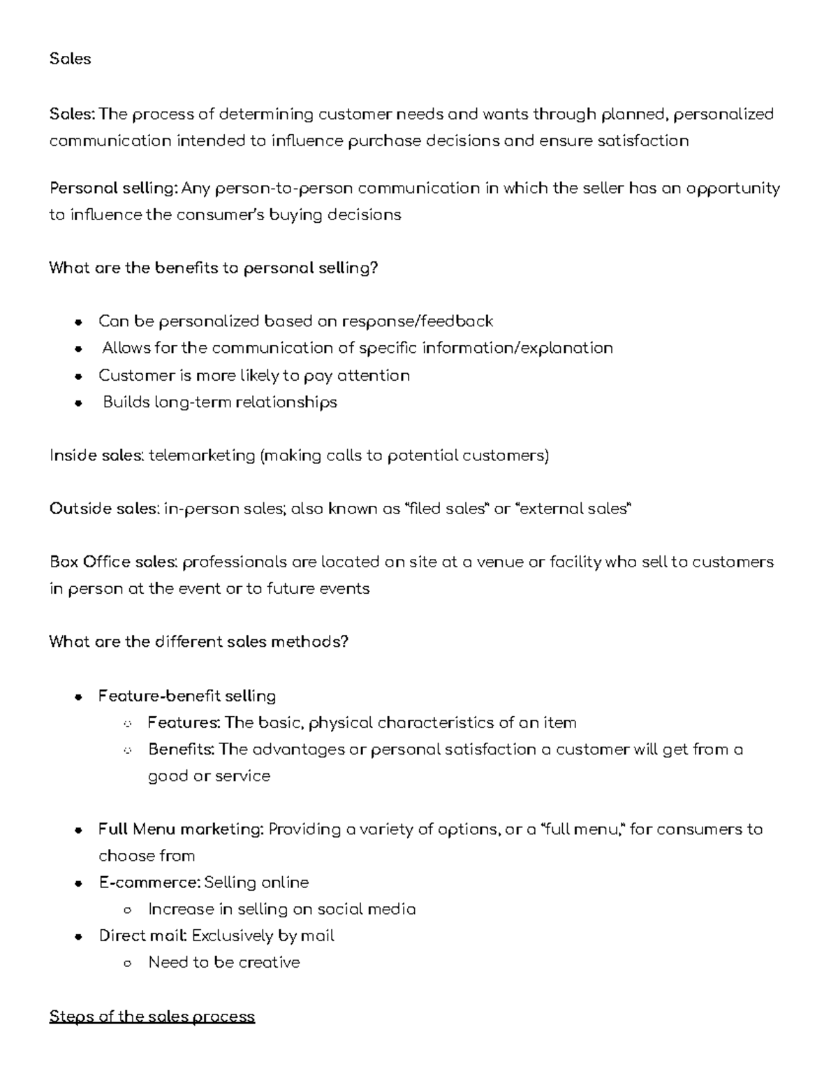 Bailey La Guardia - Sales Note Sheet - Sales Sales: The process of ...