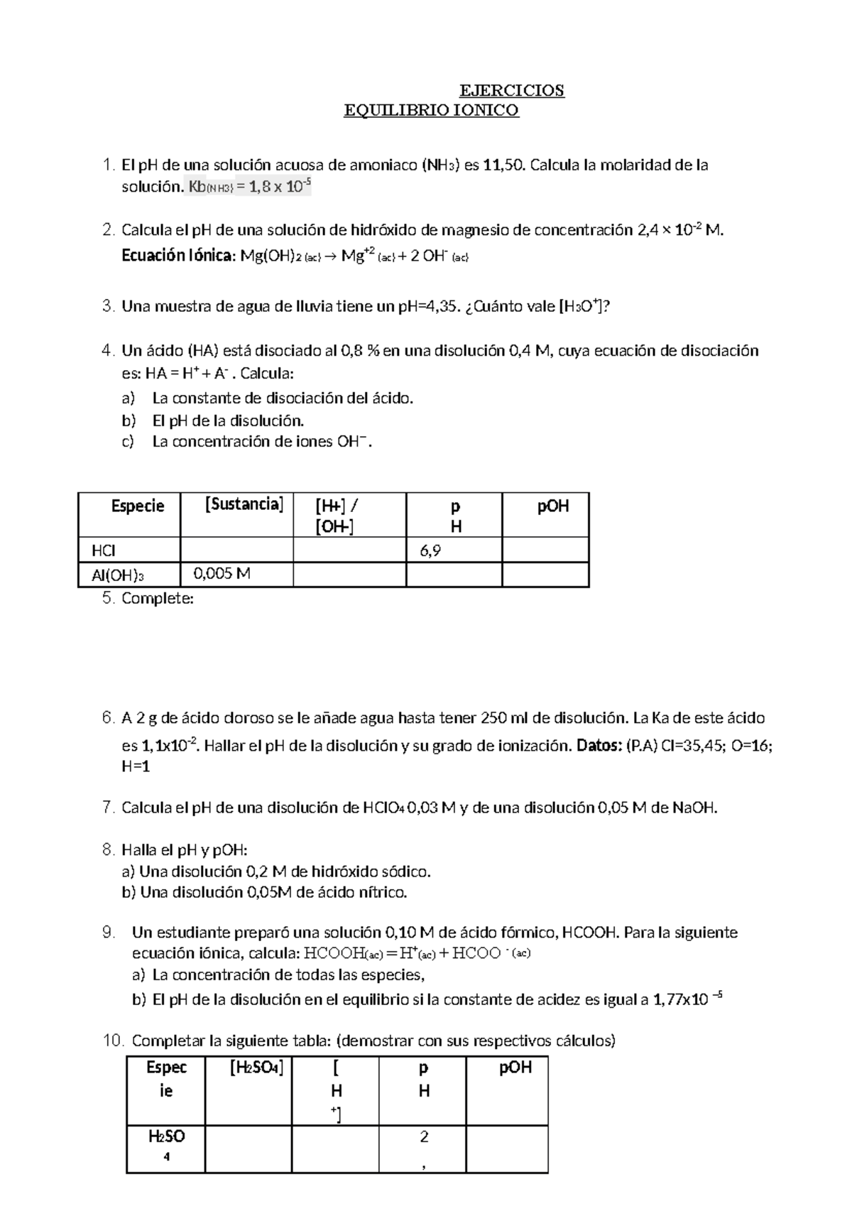 Ejercicios equilibrio ionico - EJERCICIOS EQUILIBRIO IONICO El pH de una solución acuosa de ...