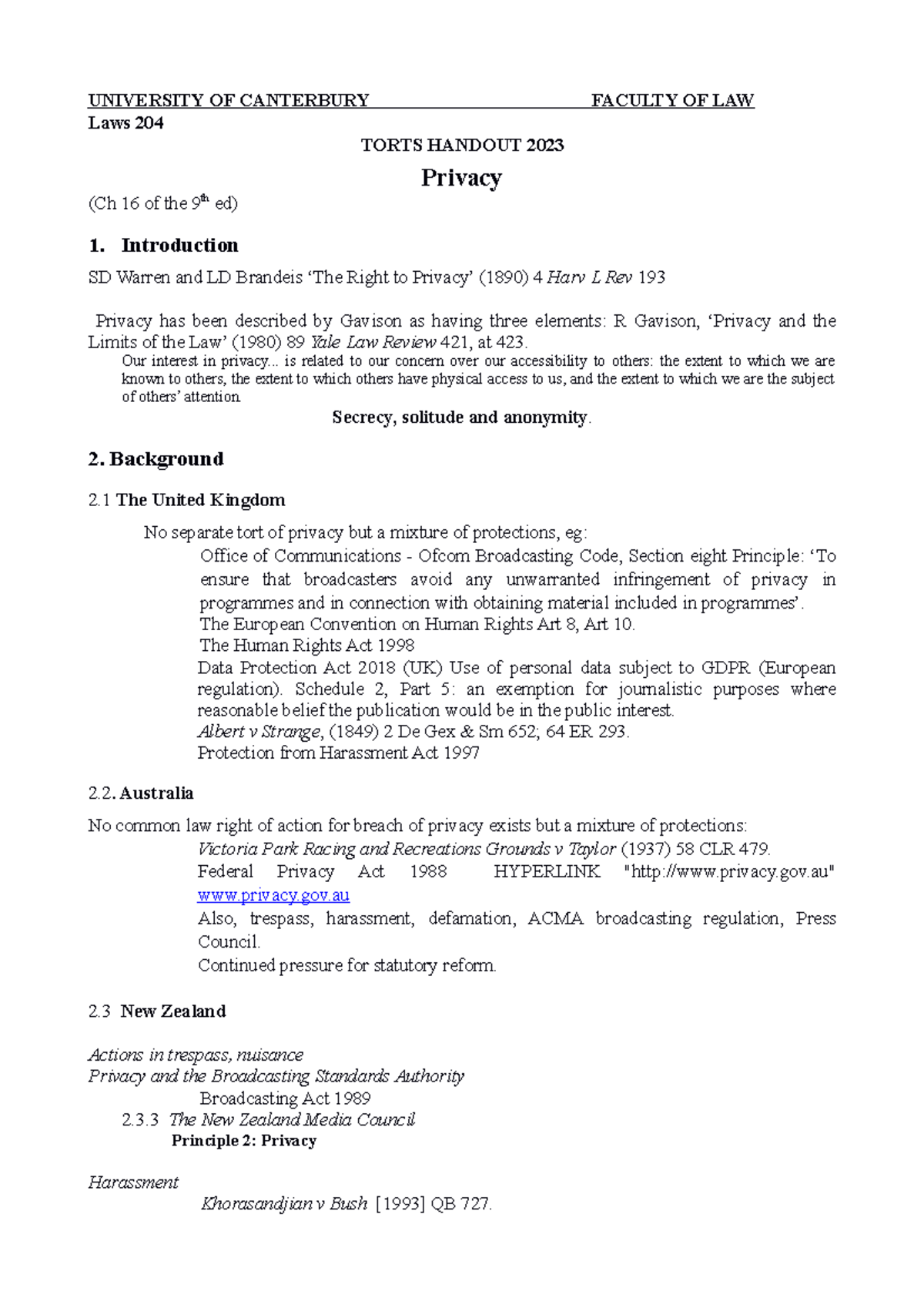 Privacyho 2023torts - Privacy Handout - UNIVERSITY OF CANTERBURY ...