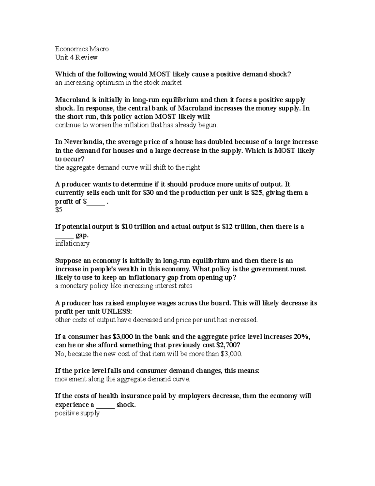 Macro Unit 4 review - Economics Macro Unit 4 Review Which of the ...