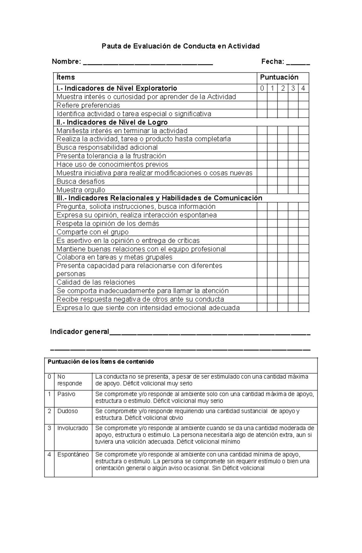 Pauta de Evaluaci Ã³n de Conducta en Actividad - Pauta de Evaluación de Conducta en Actividad ...