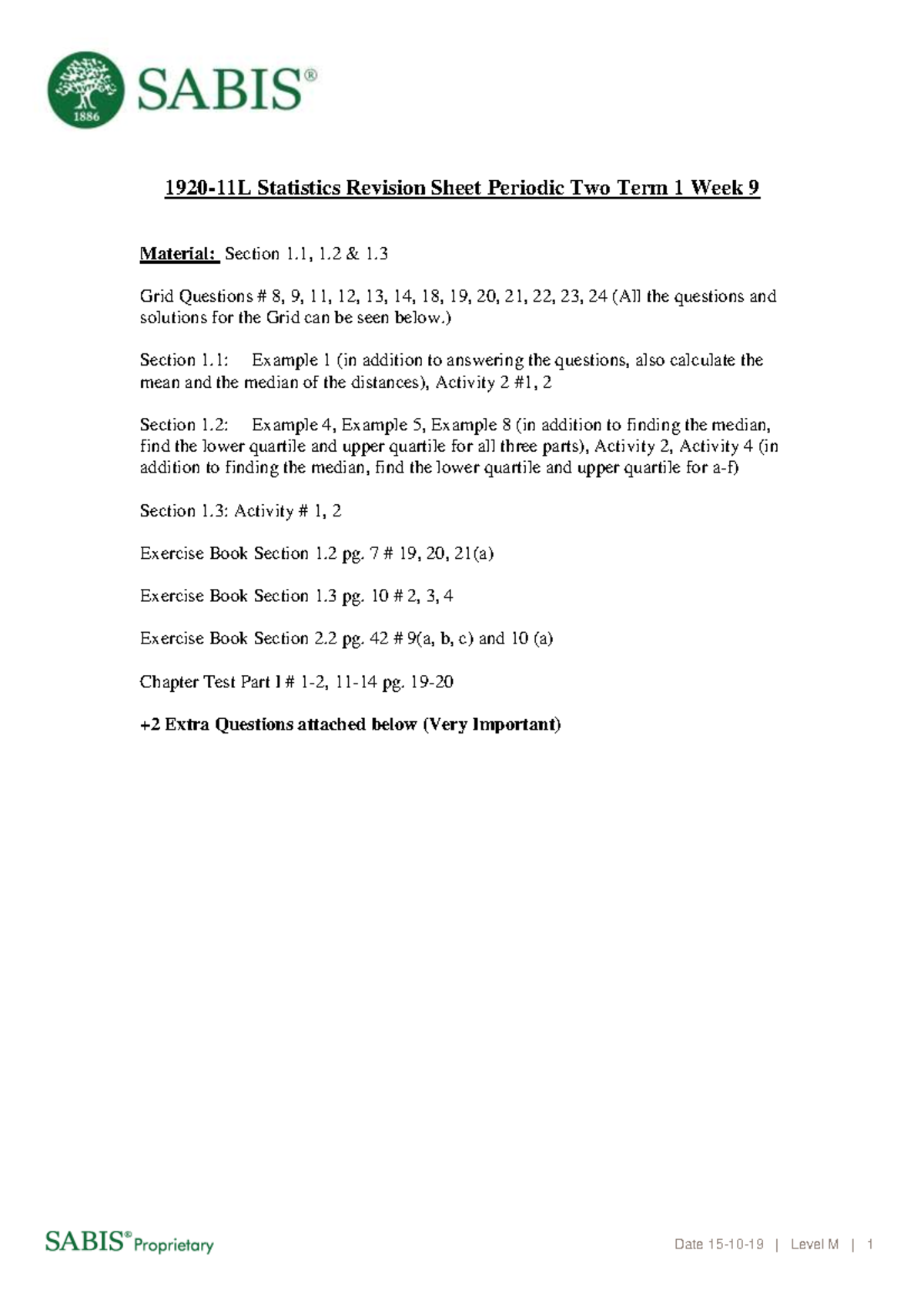 1920 Level MA Statistics Periodic Revision Sheet T1 Wk9 - 1920-11L ...