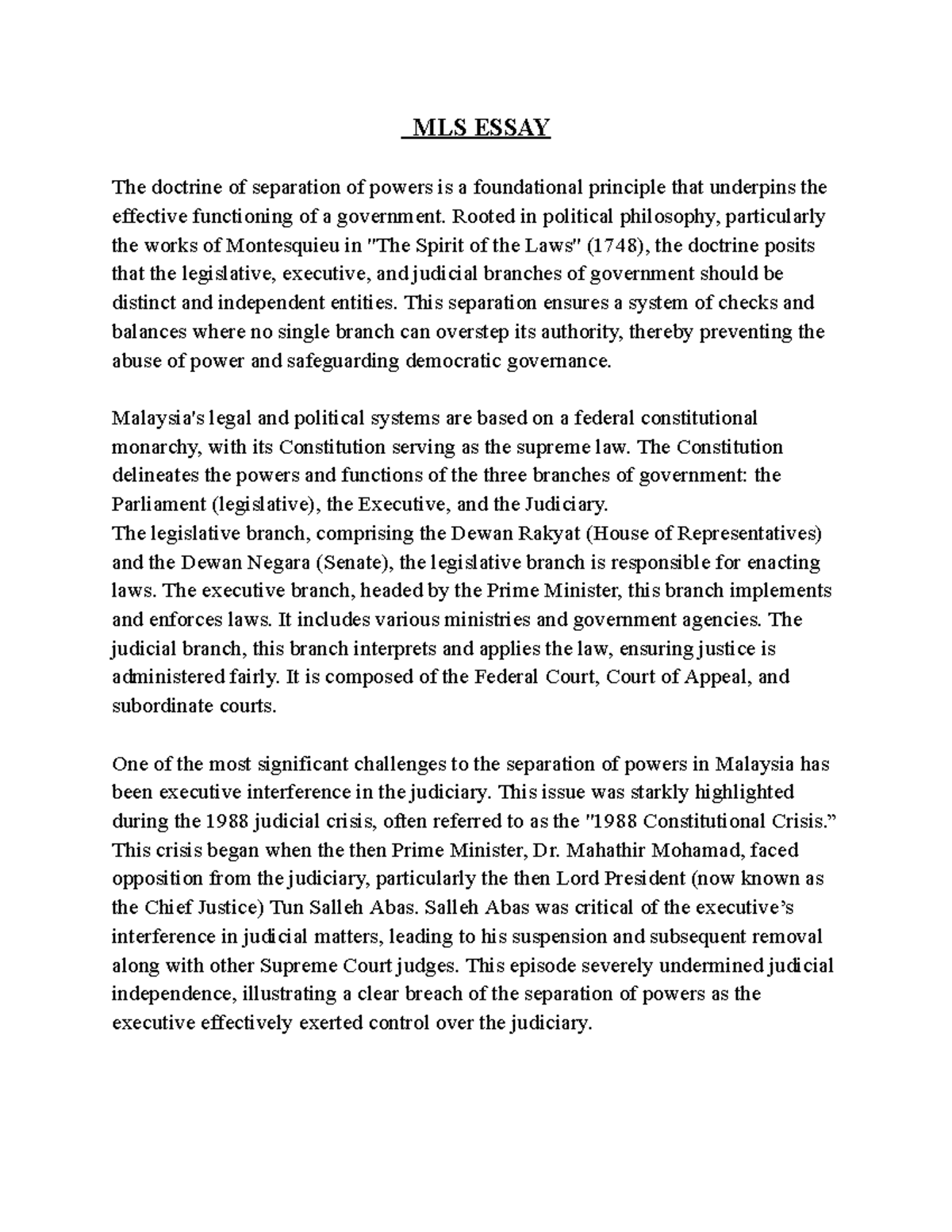 MLS Essay - doctrine of separation of powers - MLS ESSAY The doctrine ...