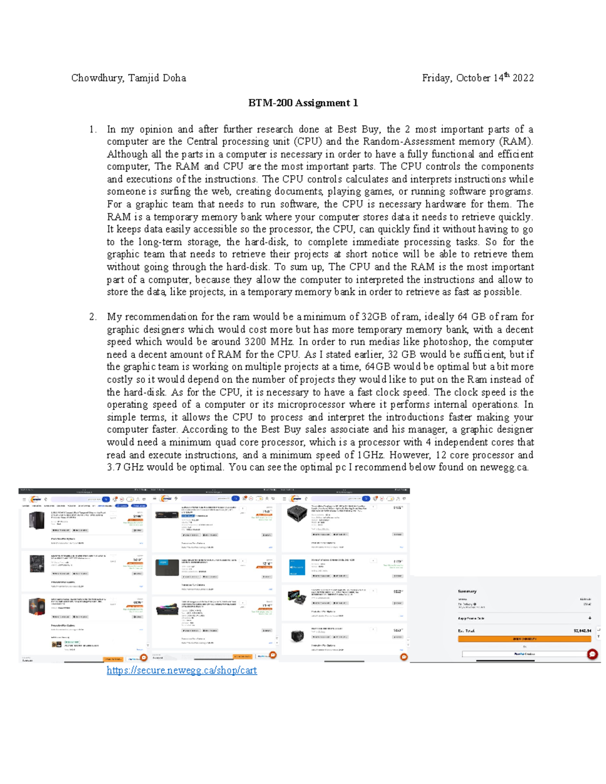 BTM-200 Assignemnt 1 - Assignment 1 - Chowdhury, Tamjid Doha Friday, October 14th 2022 BTM-200 ...