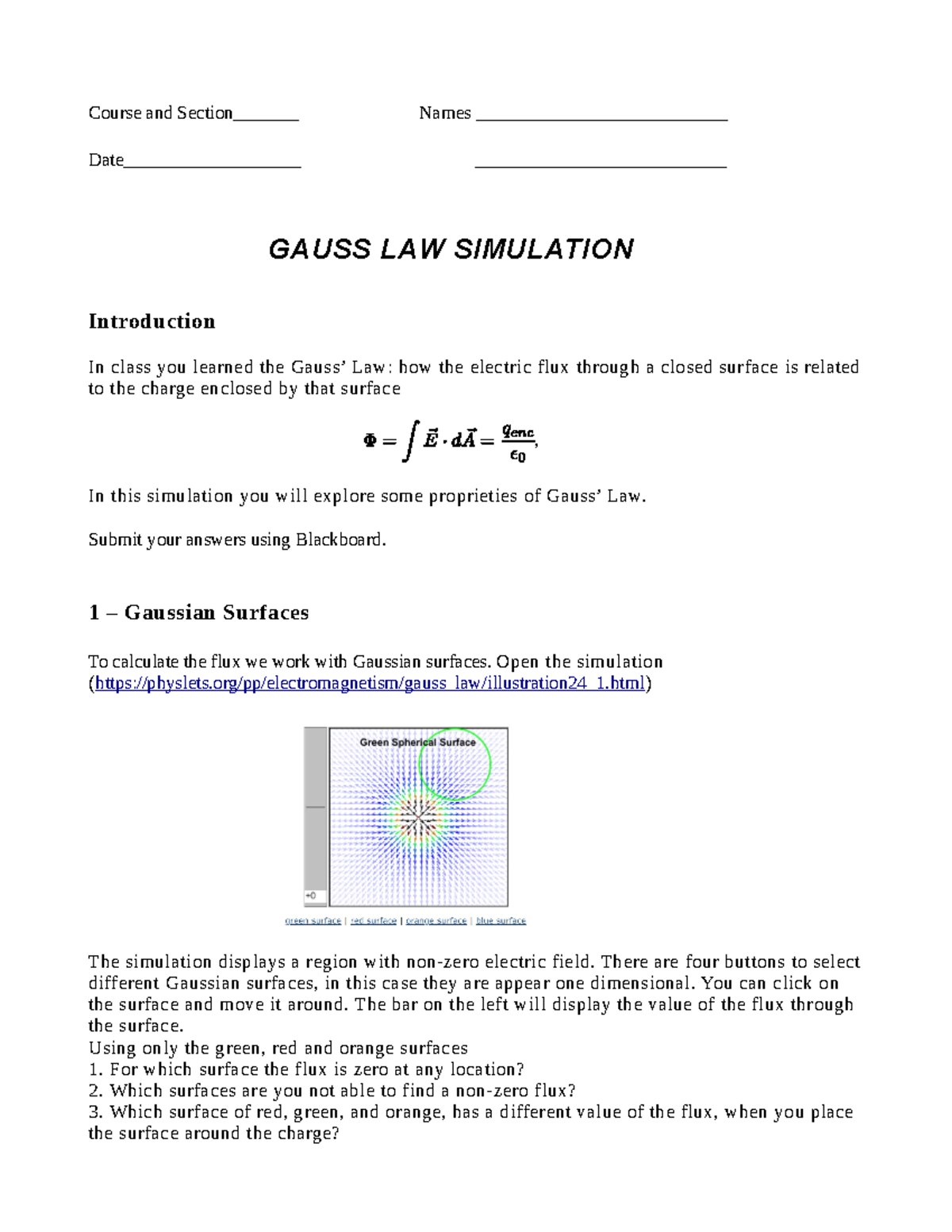 Gauss Law SIM - ...... - Course and Section_______ Names ...
