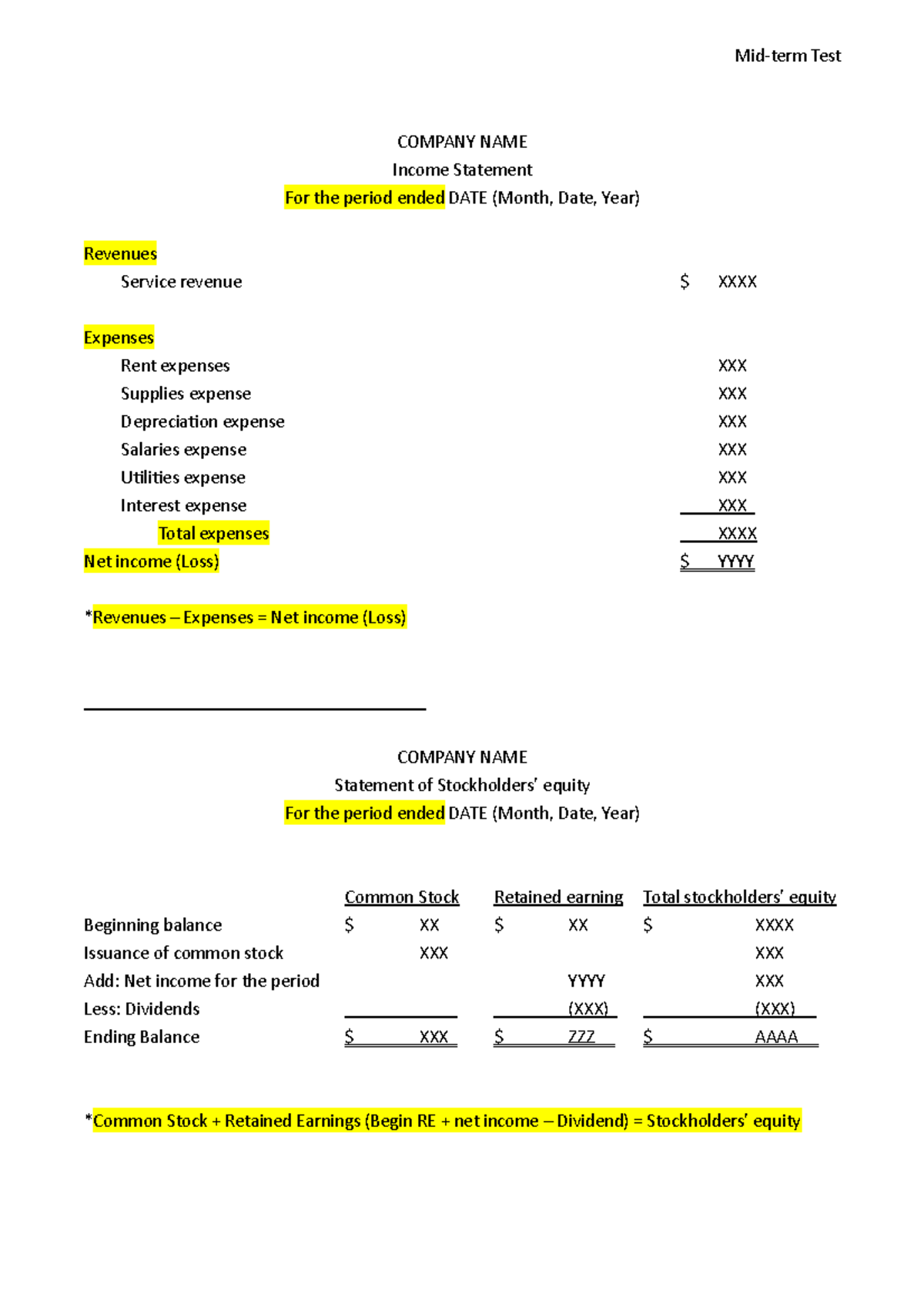 Financial Accounting (1) notes CB2100 - Mid-term Test COMPANY NAME ...