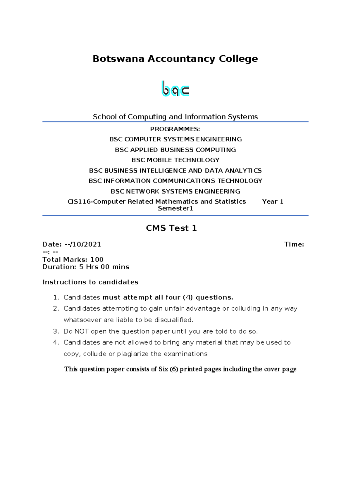 CMS Assessment test 1 2021 Question Paper - Botswana Accountancy ...