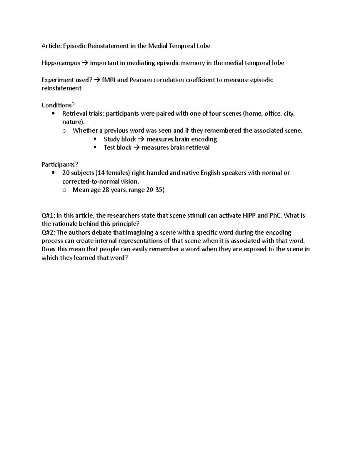 Attention 2 - Lecture notes 2 - Article: Episodic Reinstatement in the ...